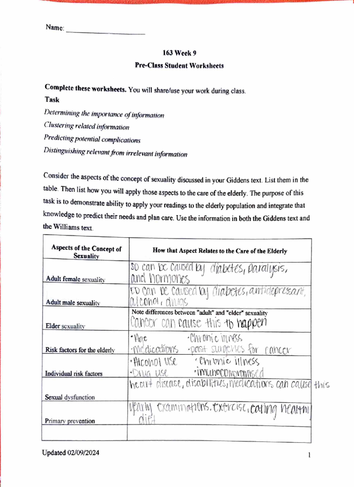 163 WEEK 9 - WEEK 9 HOMEWORK - Name: 163 Week 9 Student Worksheets Complete these worksheets ...