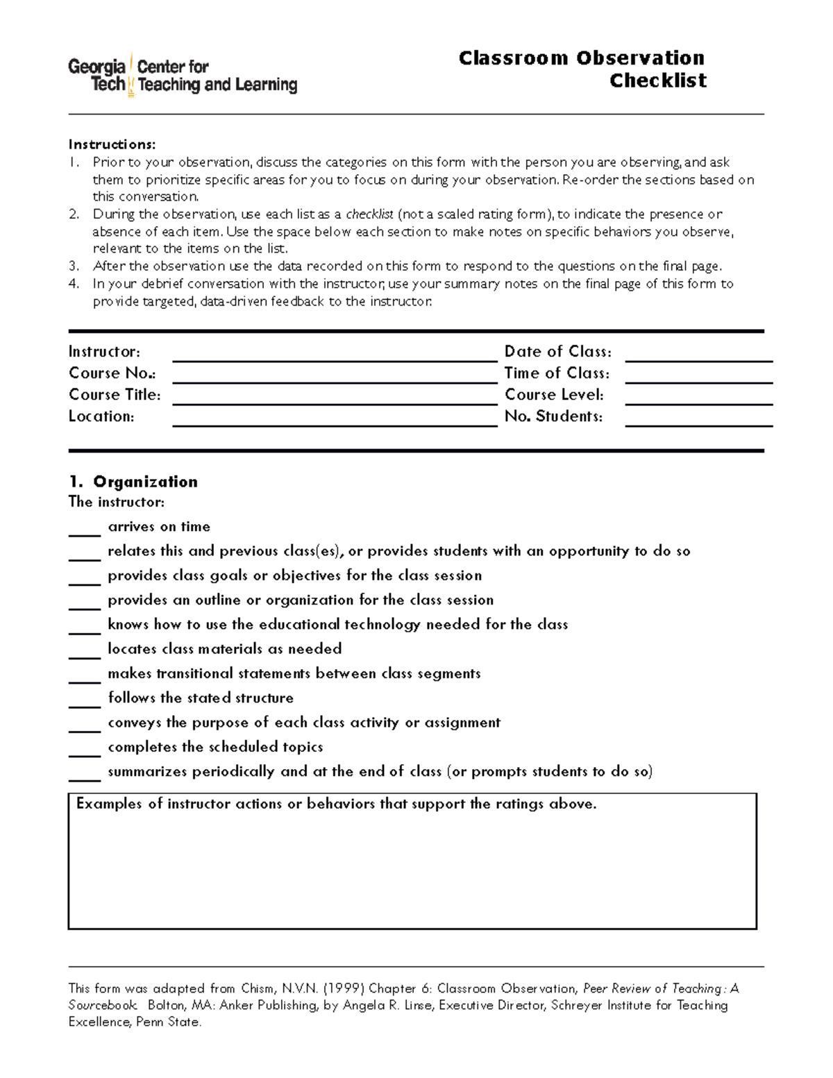 Classroom Observation Checklist Instructions Prior To Your