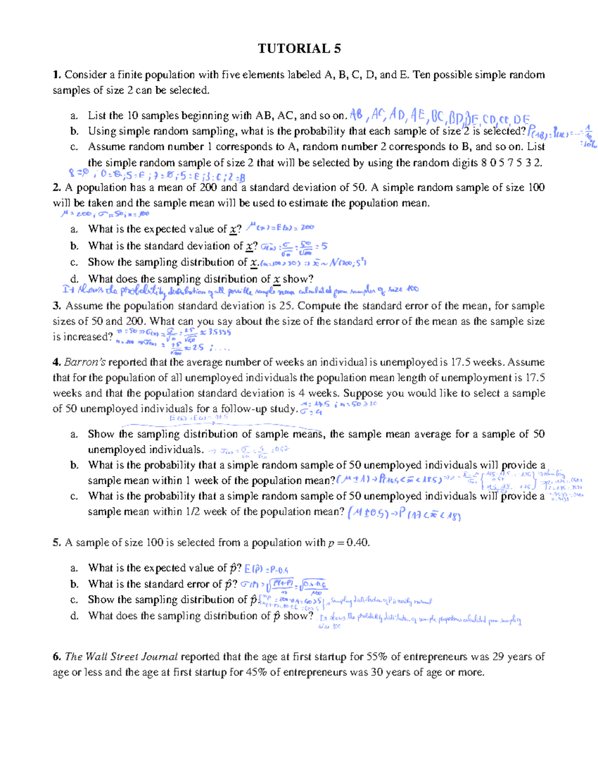Tutorial 05 - Okkkk - TUTORIAL 5 1. Consider a finite population with five elements labeled A, B ...
