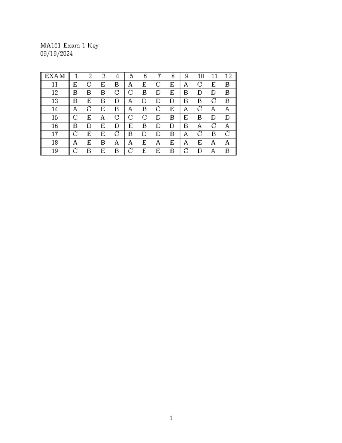 MA161 F24 E1 Key - Answer key to exam 1 - MA 16100 - MA161 Exam 1 Key ...