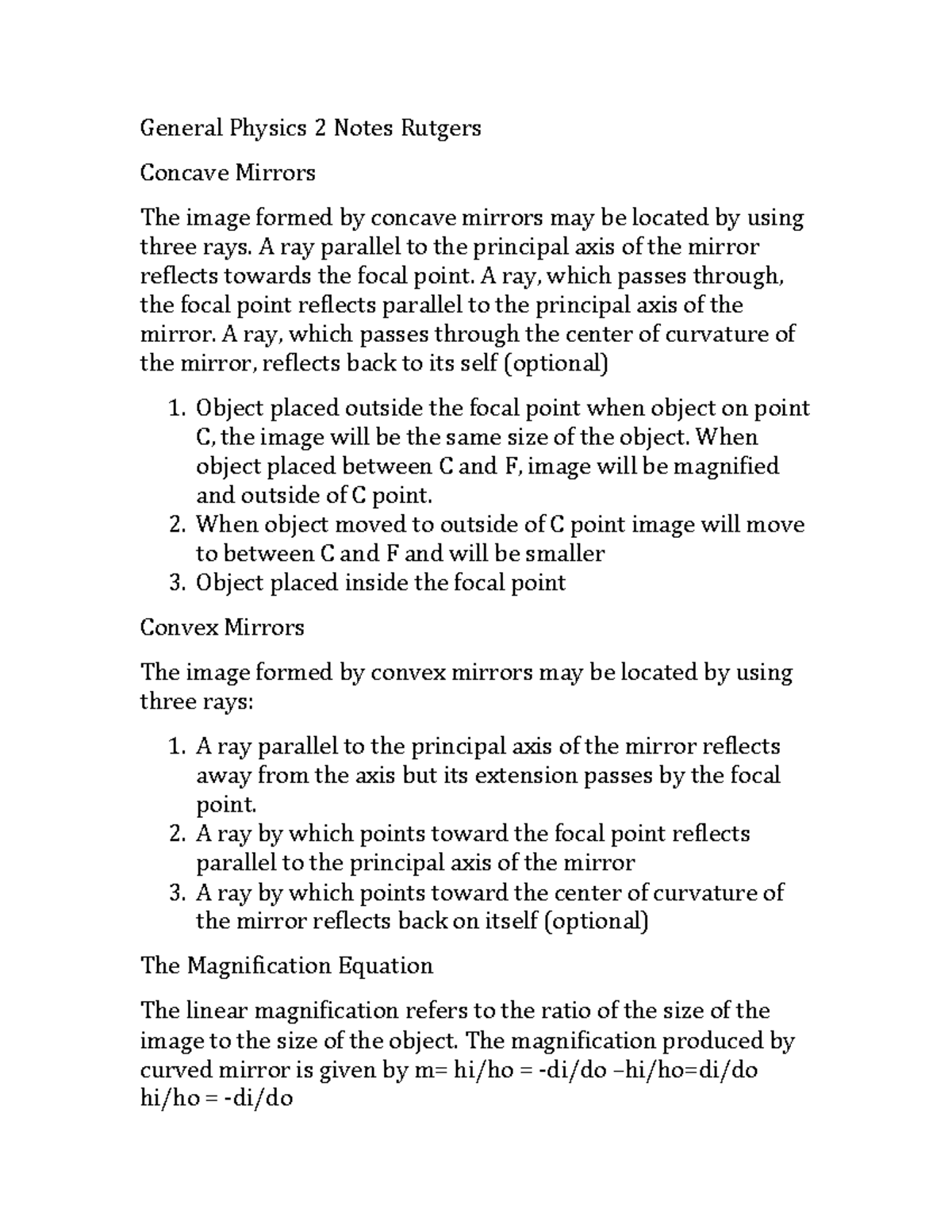Speed of Light Notes Contined - General Physics 2 Notes Rutgers Concave ...