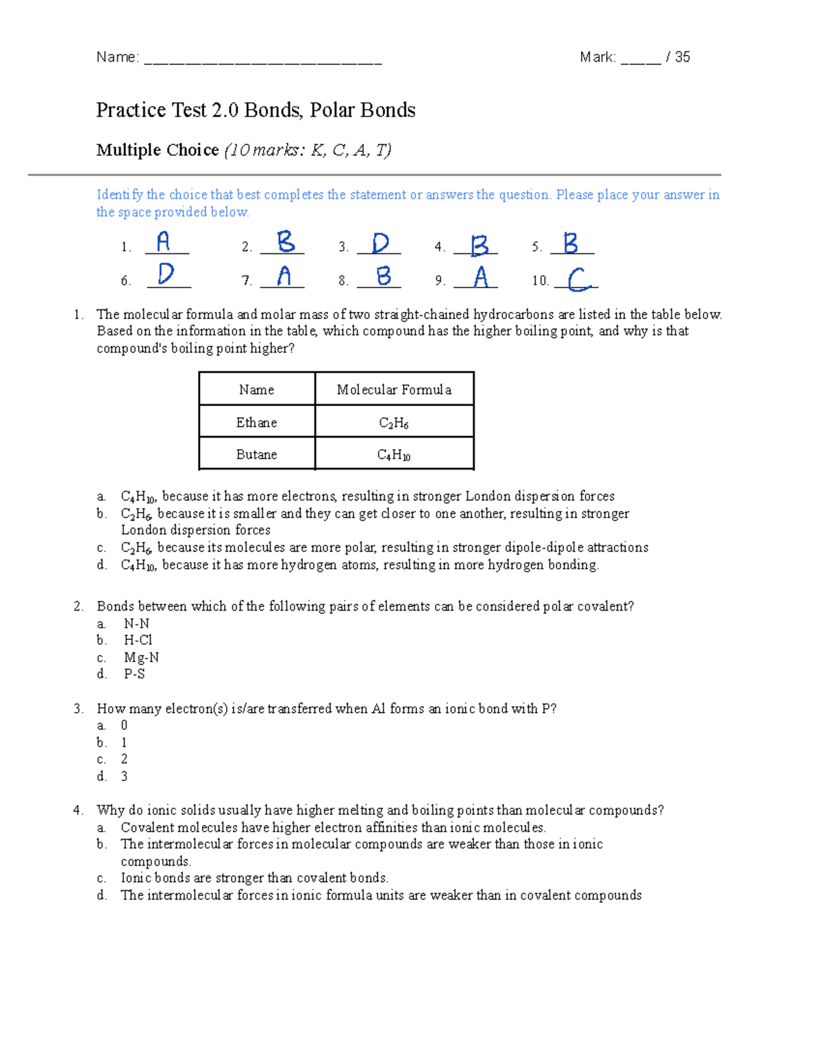 2 Test-Solids, IMF and Nomenclature - Practice Test 2. 0 Bonds, Polar ...