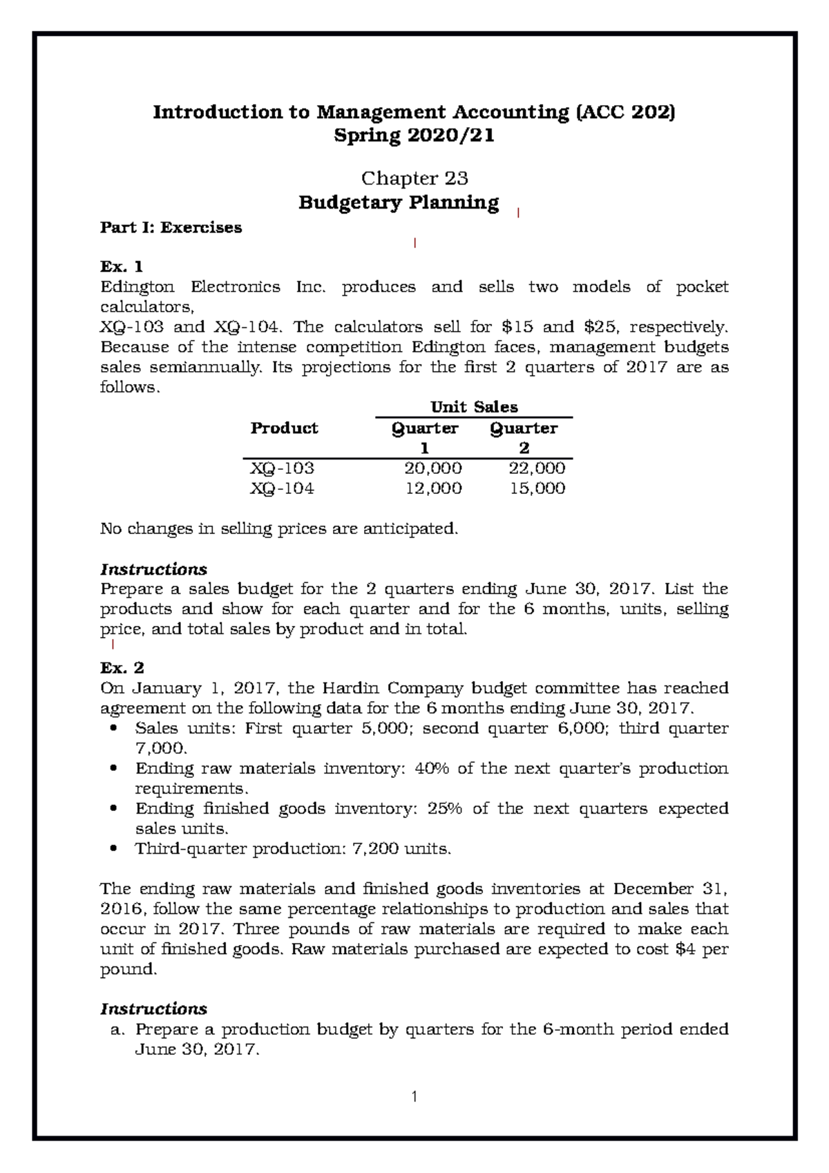 Ch 23 Exercises Problems - Introduction to Management Accounting (ACC ...