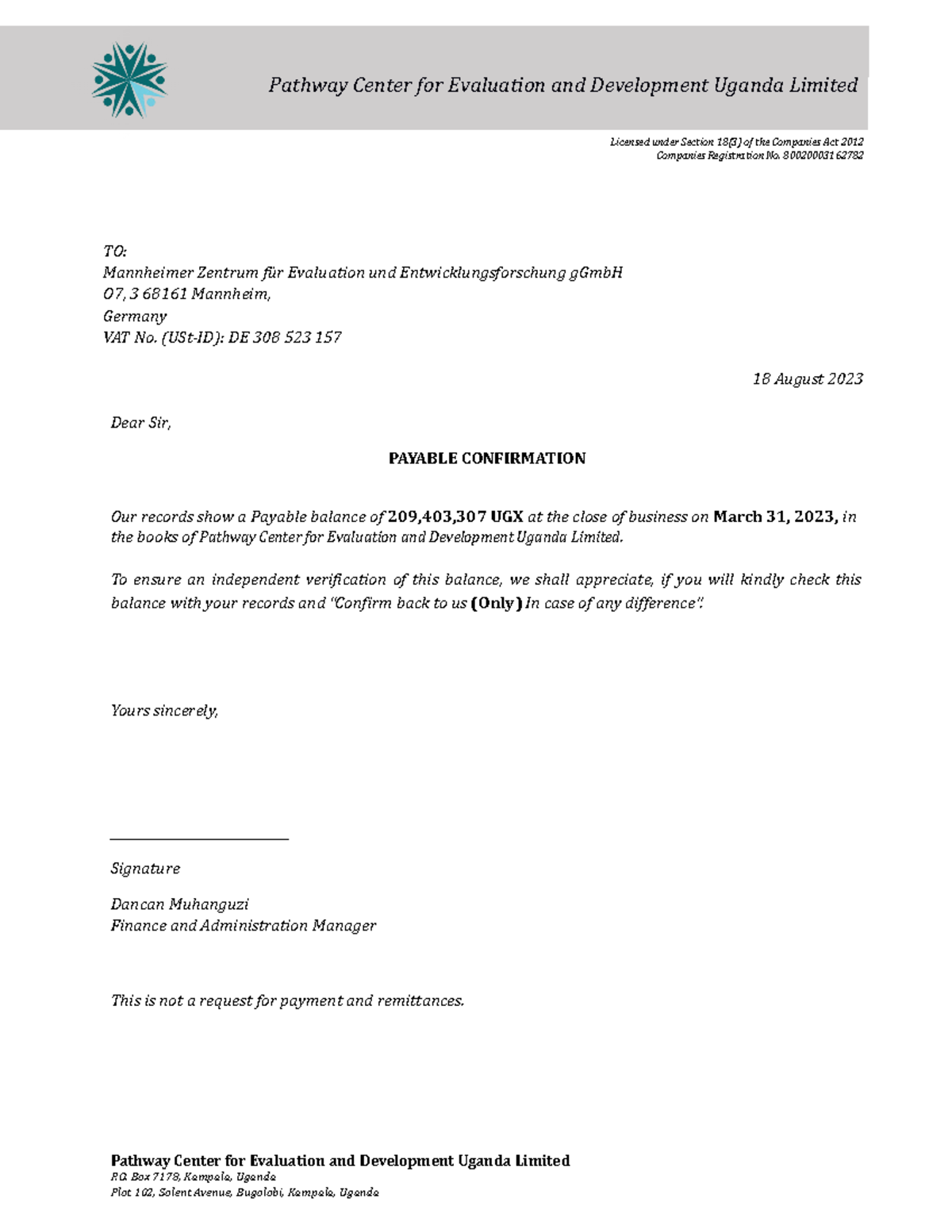 Payable Confirmation Uganda as of 31 March 2023 - Licensed under ...