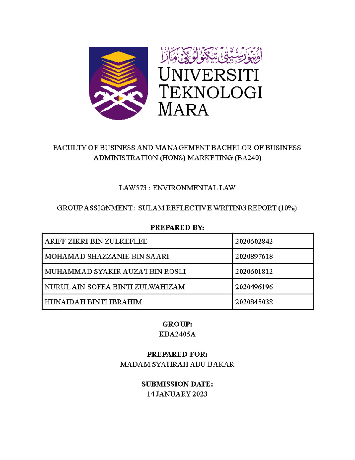 LAW573 Sulam Reflective Writing Report - FACULTY OF BUSINESS AND ...