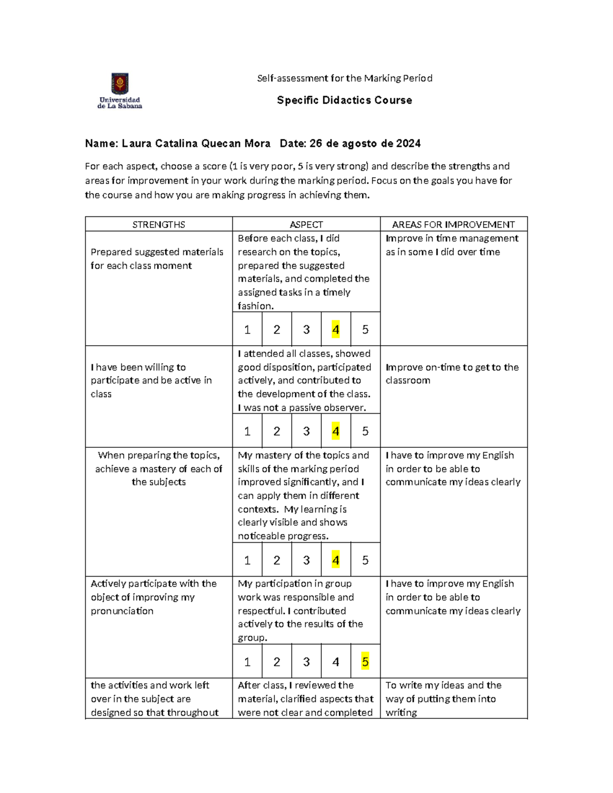 Self-assessment for marking period 1 - Self-assessment for the Marking ...
