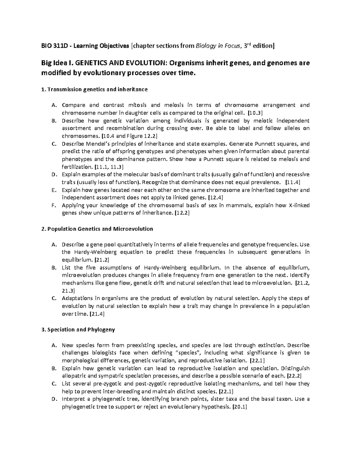 311D Learning Objectives - Summer 2024 - BIO 311D - Learning Objectives ...