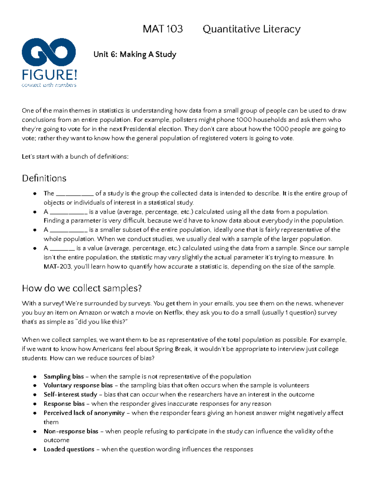 M AT 103 6.1 Making a Study - MAT 103 Quantitative Literacy Unit 6 ...