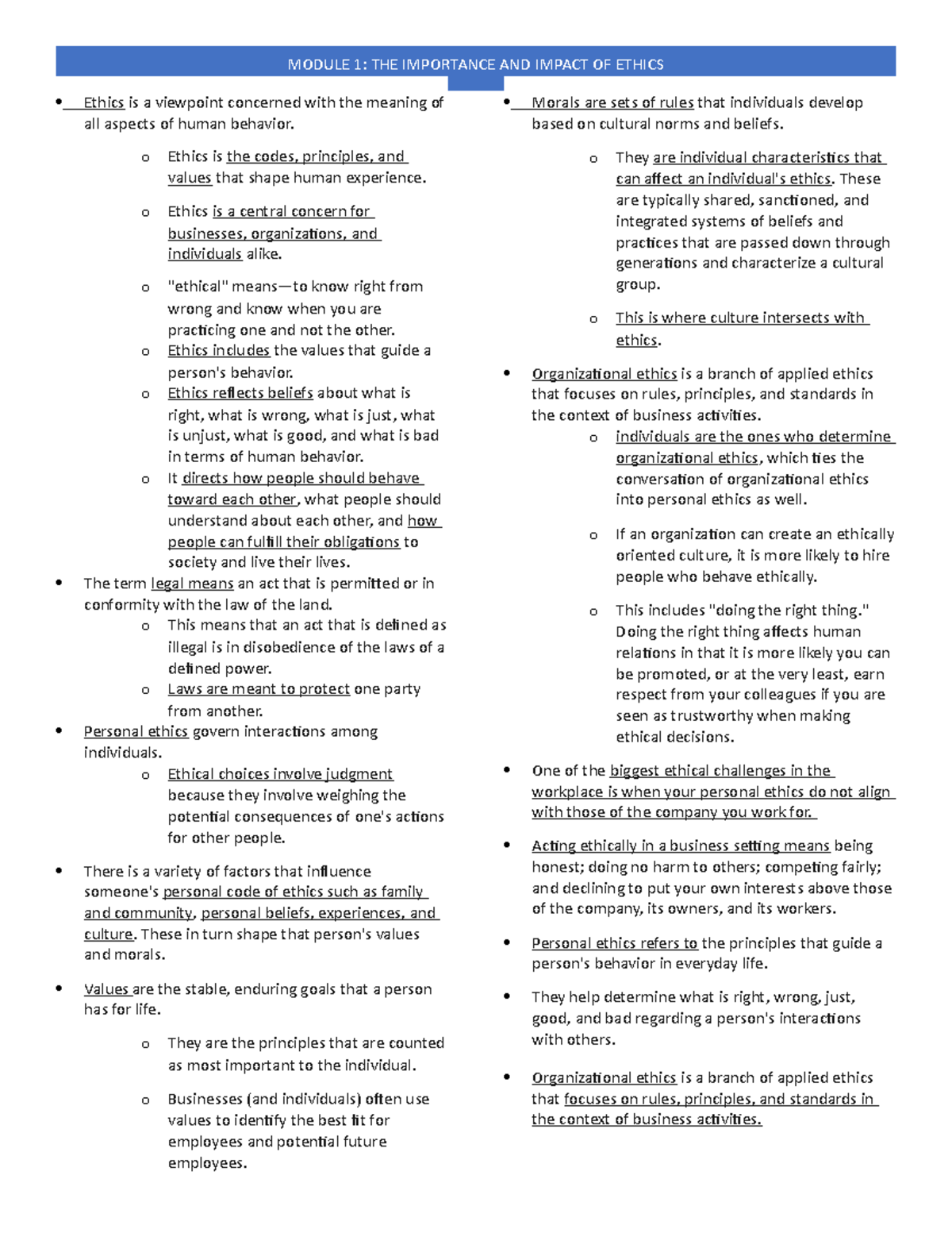 D072 Module 1 The Importance and Impact of Ethics handout - Ethics is a viewpoint concerned with ...