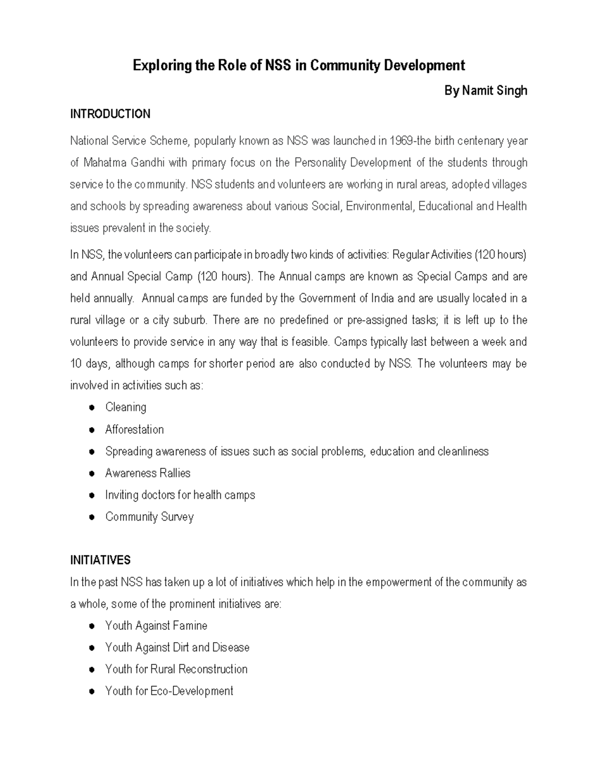 Role of NSS in community Development (report) - Exploring the Role of ...