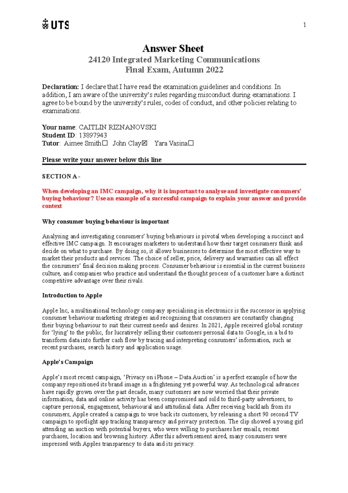01- Answer Sheet, 24210 IMC Final Exam-2 - Answer Sheet 24120 ...