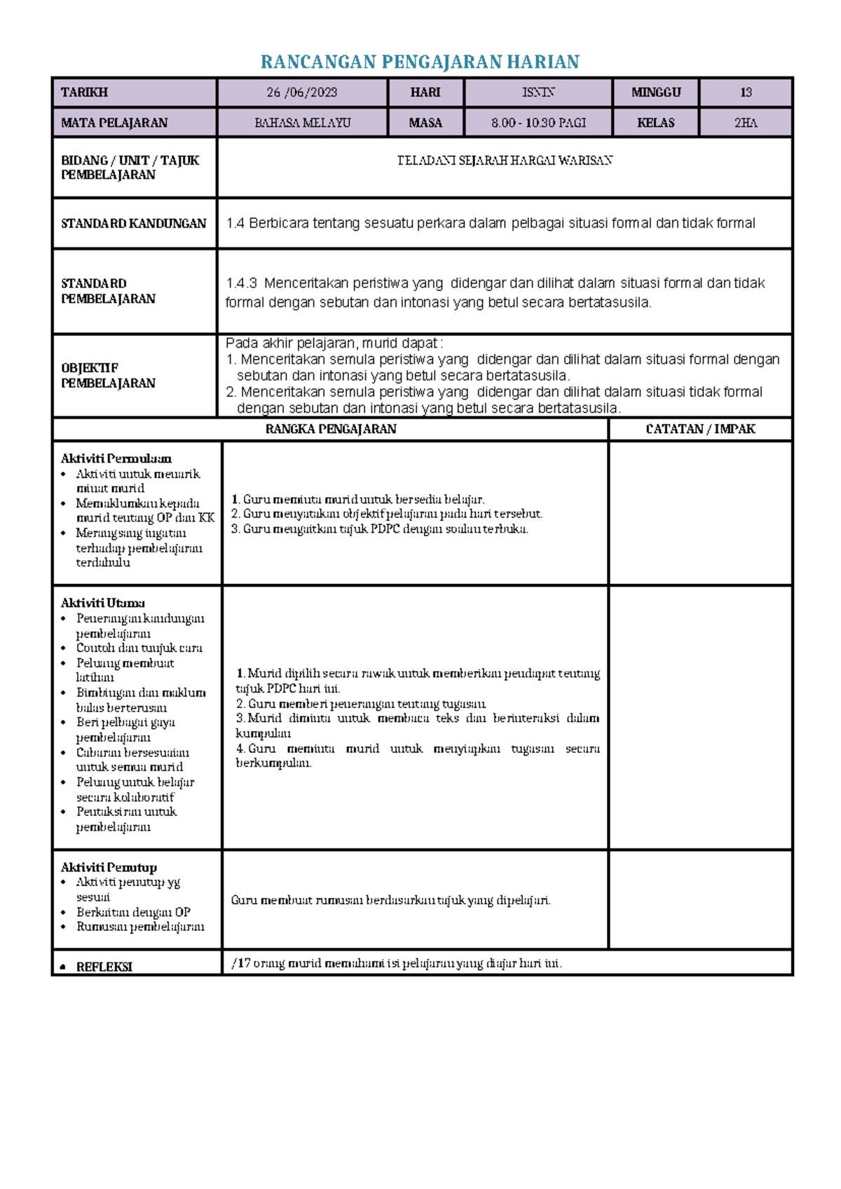 RPH Minggu 13 - rph bm - TARIKH 26 /06/2023 HARI ISNIN MINGGU 13 MATA ...