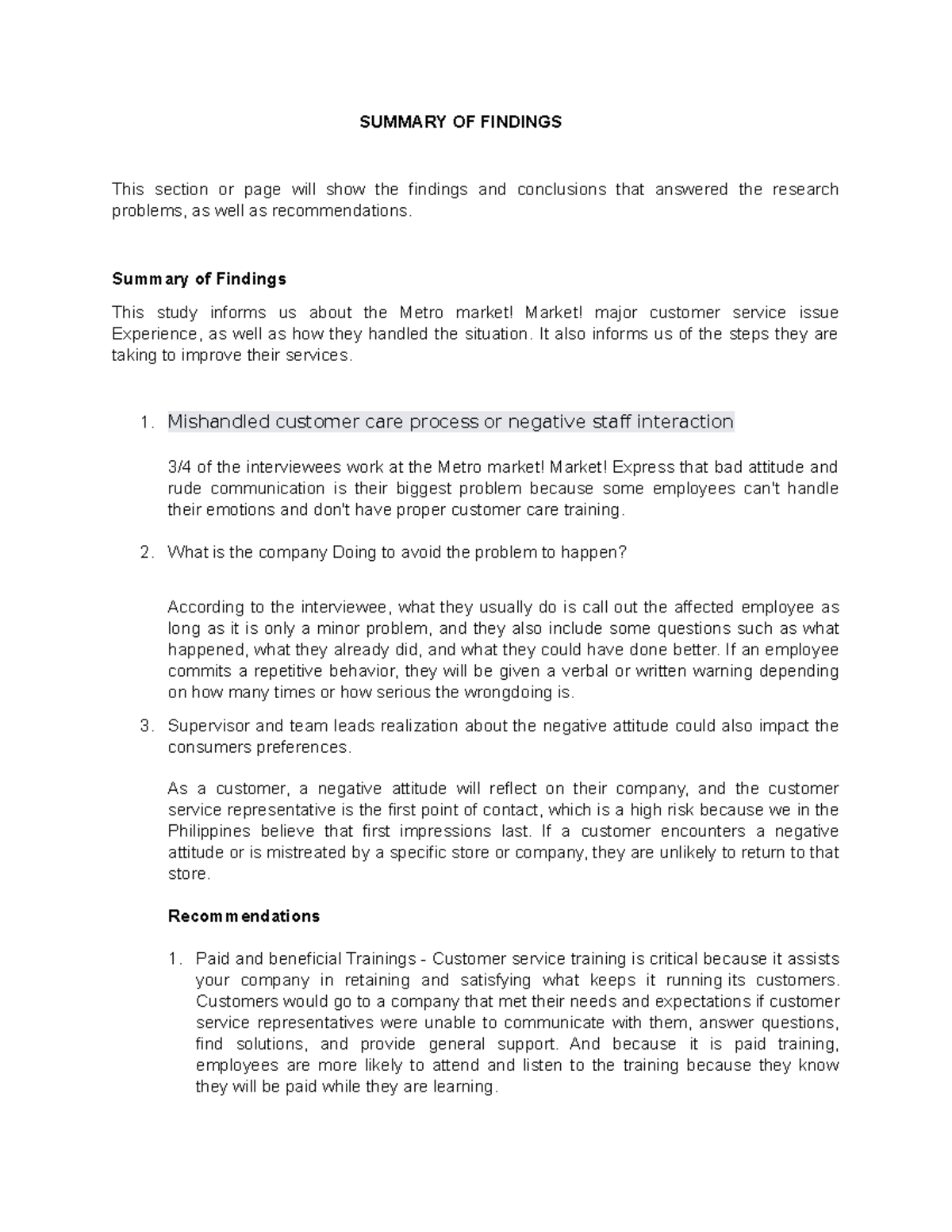 Summary OF Findings - service Culture - SUMMARY OF FINDINGS This ...