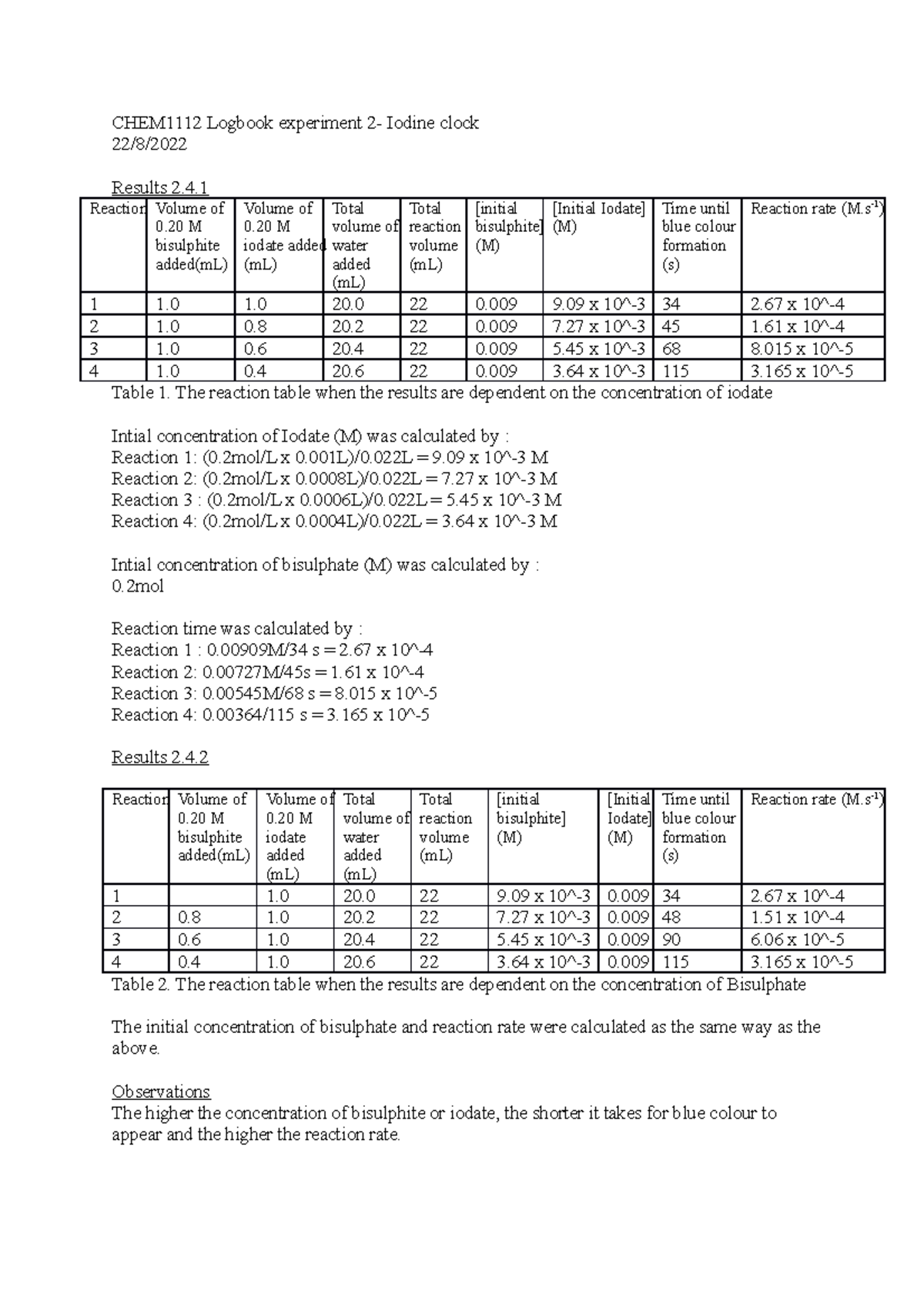 Iodine clock logbook - CHEM1112 Logbook experiment 2- Iodine clock 22/8 ...
