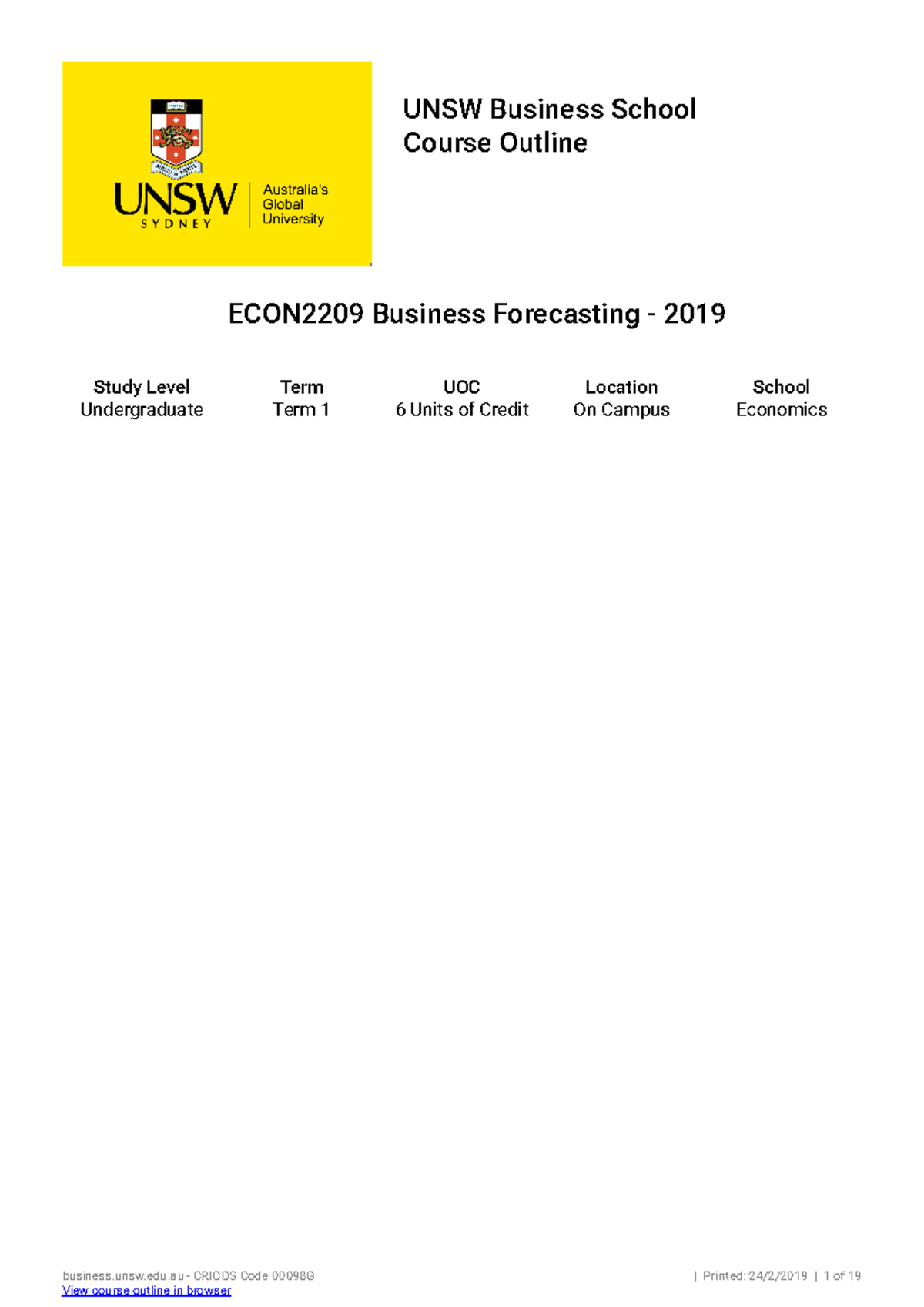 Overview of course - UNSW Business School Course Outline ECON2209 ...