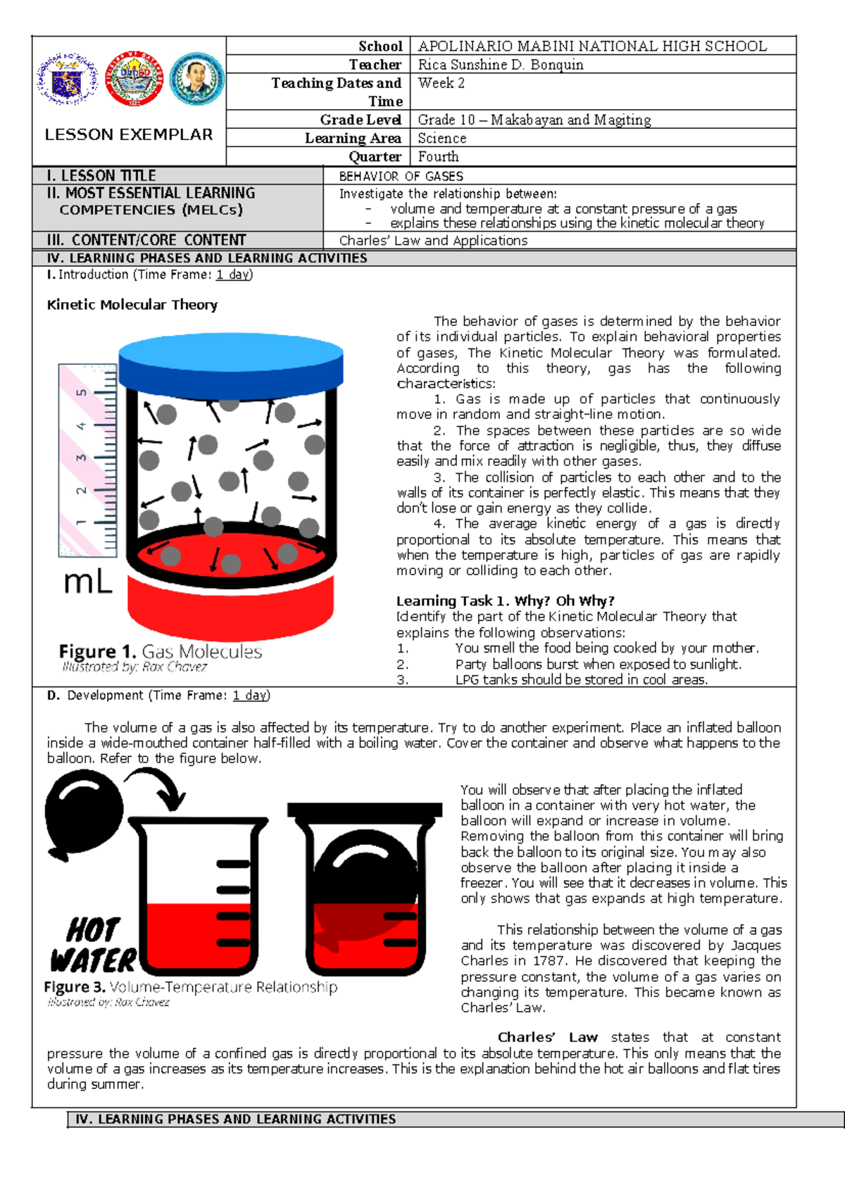 Exemplar science 10 - IV. LEARNING PHASES AND LEARNING ACTIVITIES ...