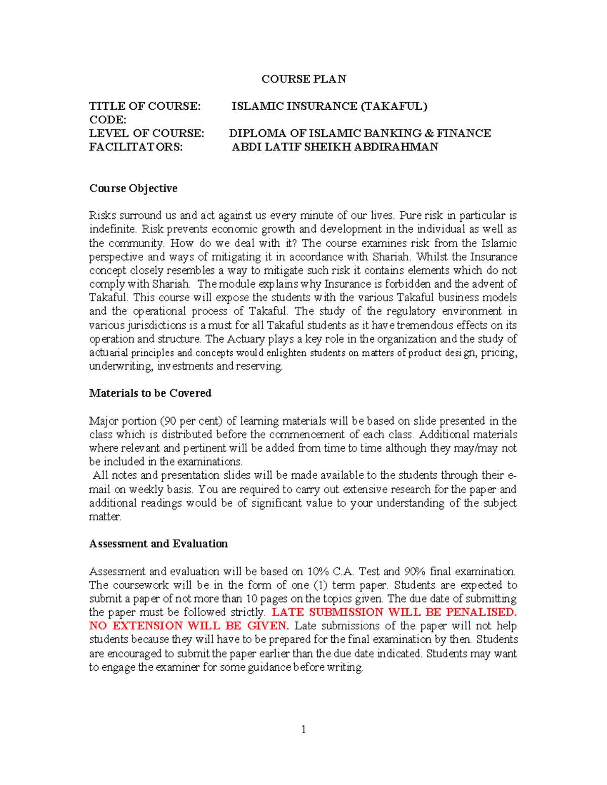 Islamic Insurance ( Takaful) - COURSE PLAN TITLE OF COURSE: ISLAMIC ...