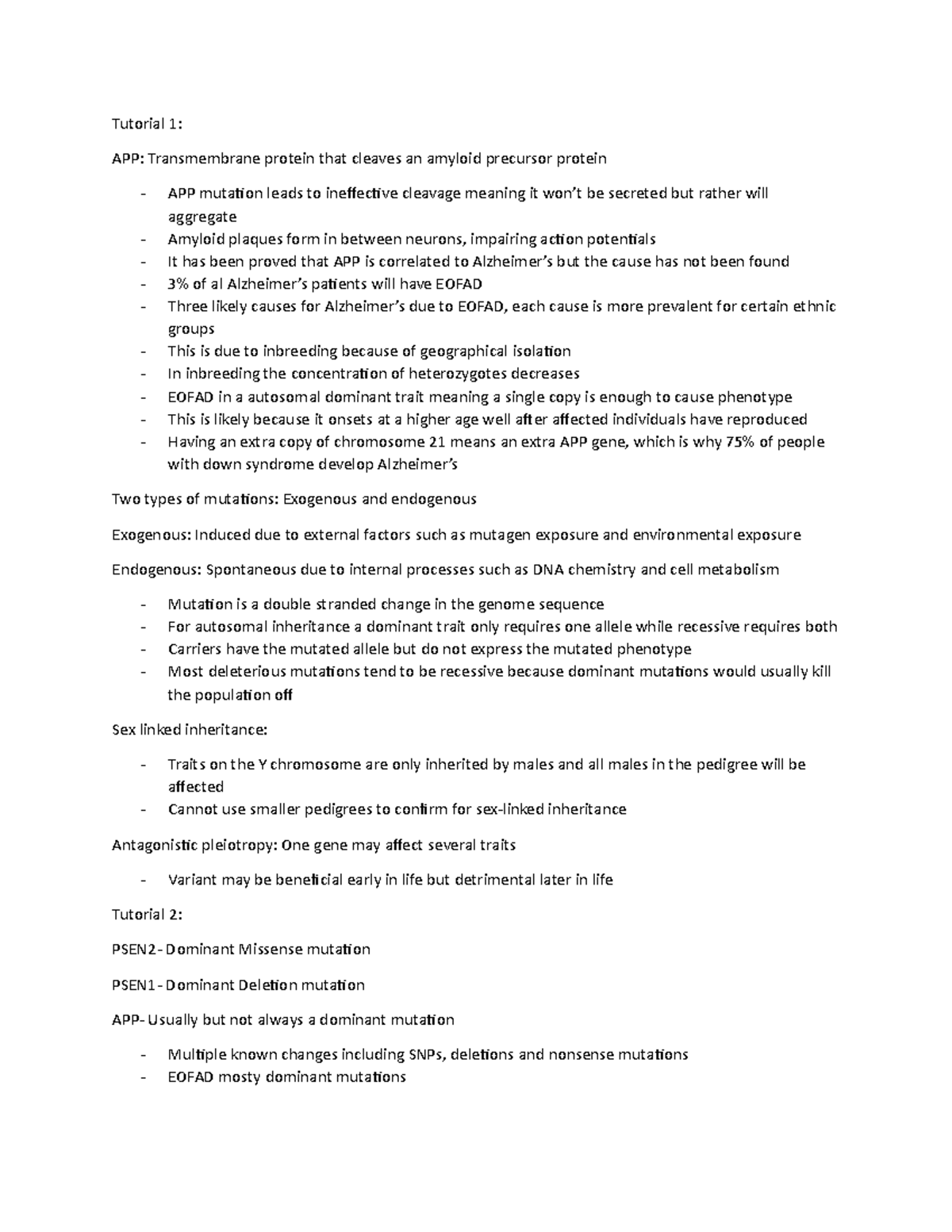 Genetics Tutorial Notes - Tutorial 1: APP: Transmembrane protein that ...
