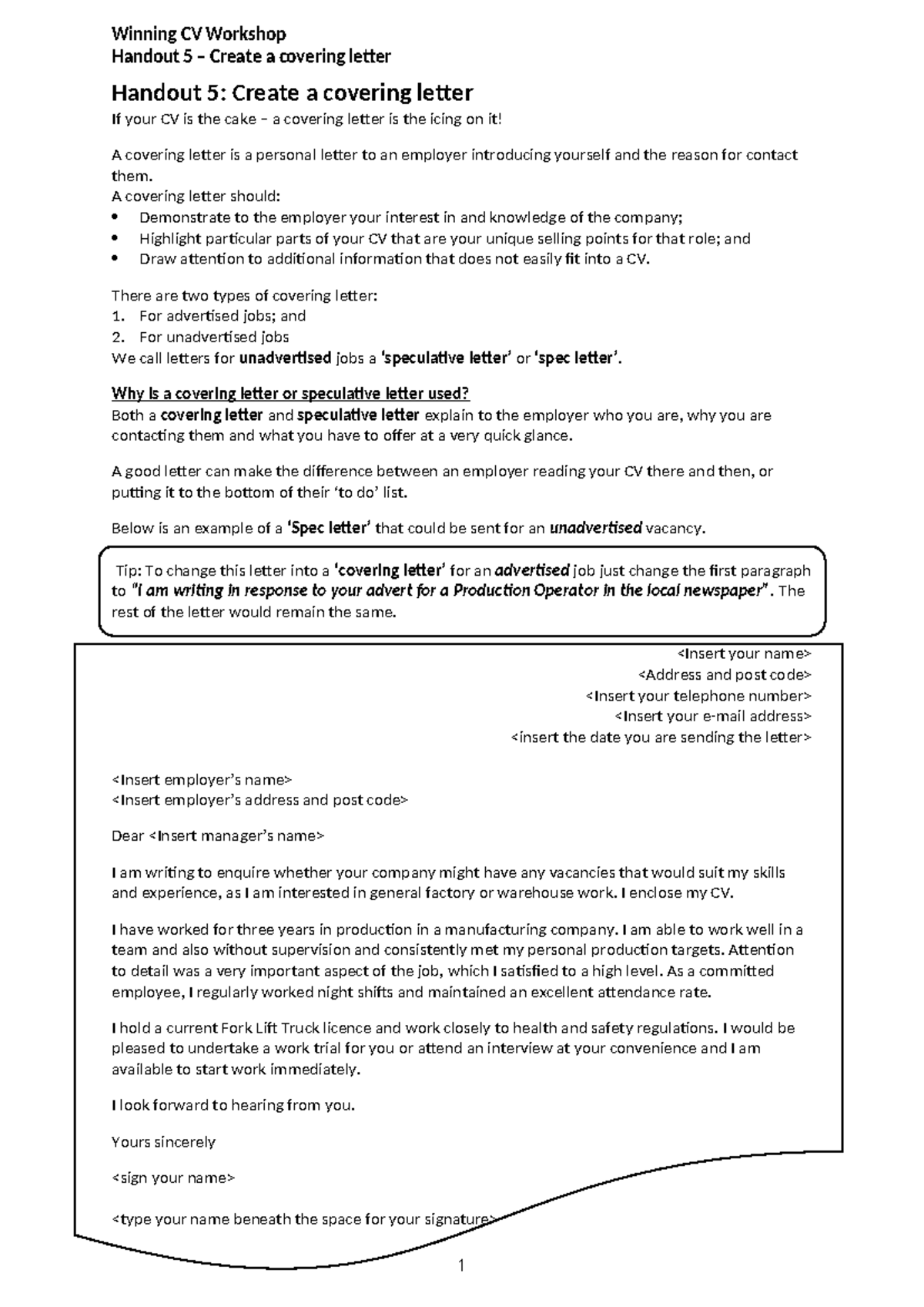 Create a covering letter - Ameerah - Handout 5 – Create a covering ...