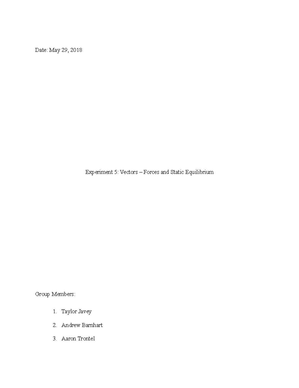 Experiment 5 - Lab Report - Date: May 29, 2018 Experiment 5: Vectors ...