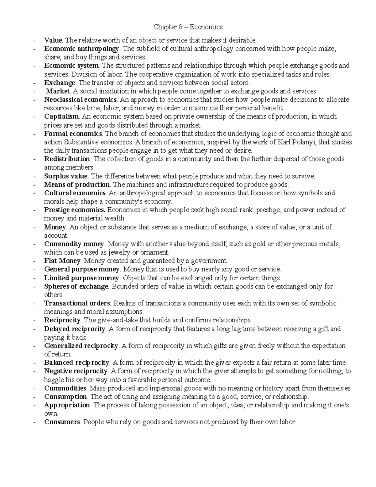 Chapter 8 notes - economics - Chapter 8 – Economics Value. The relative ...