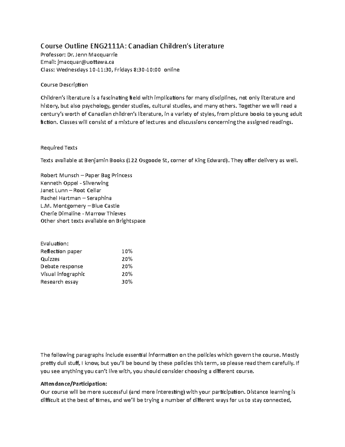 Syllabus - Course Outline ENG2111A: Canadian Children’s Literature ...