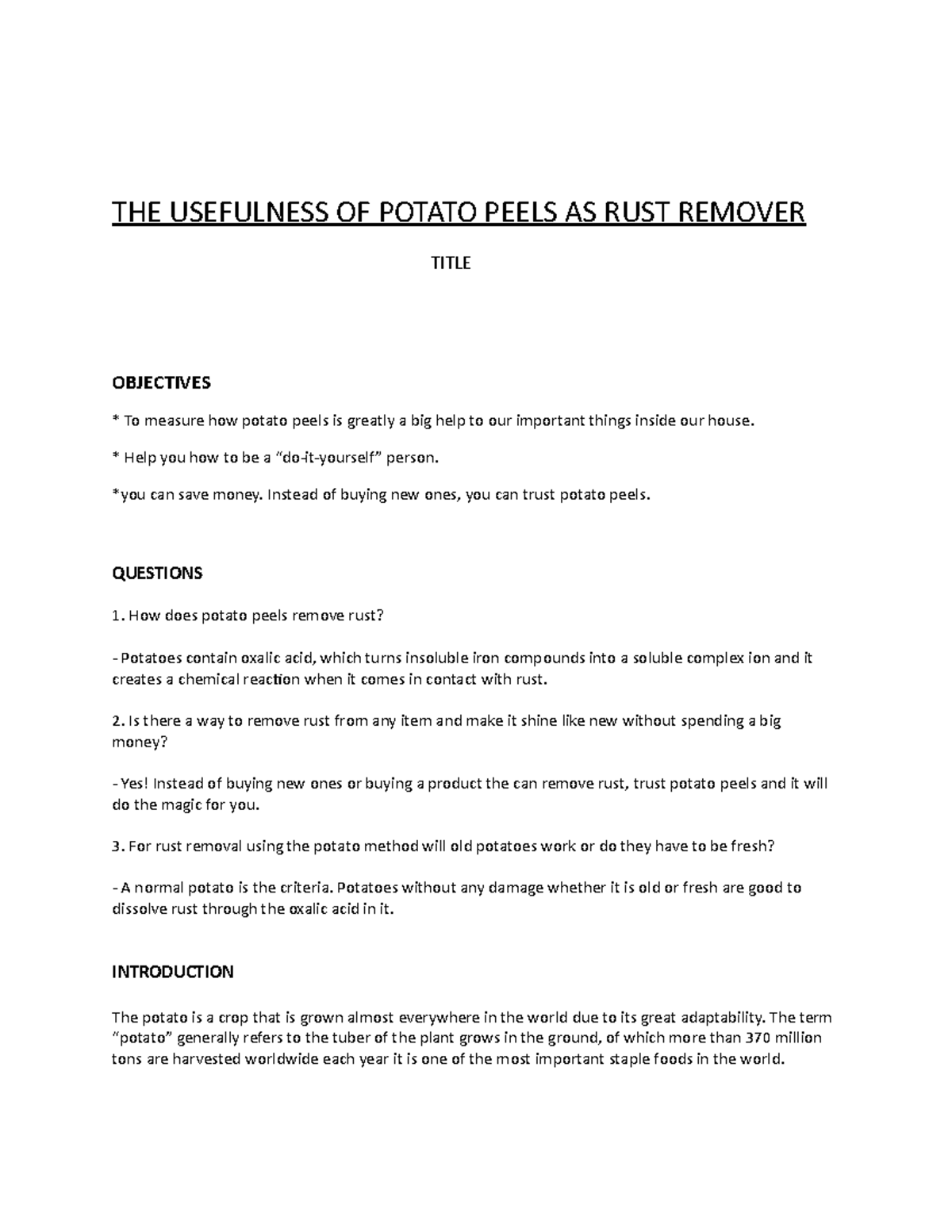 THE Usefulness OF Potato Peels AS RUST Remover - THE USEFULNESS OF ...