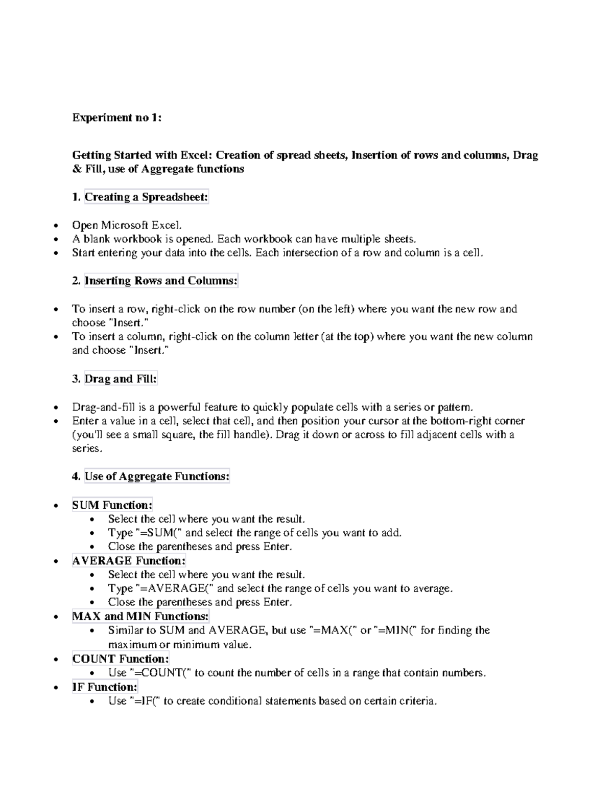 Excel lab manual-1 - Experiment no 1: Getting Started with Excel: Creation of spread sheets ...
