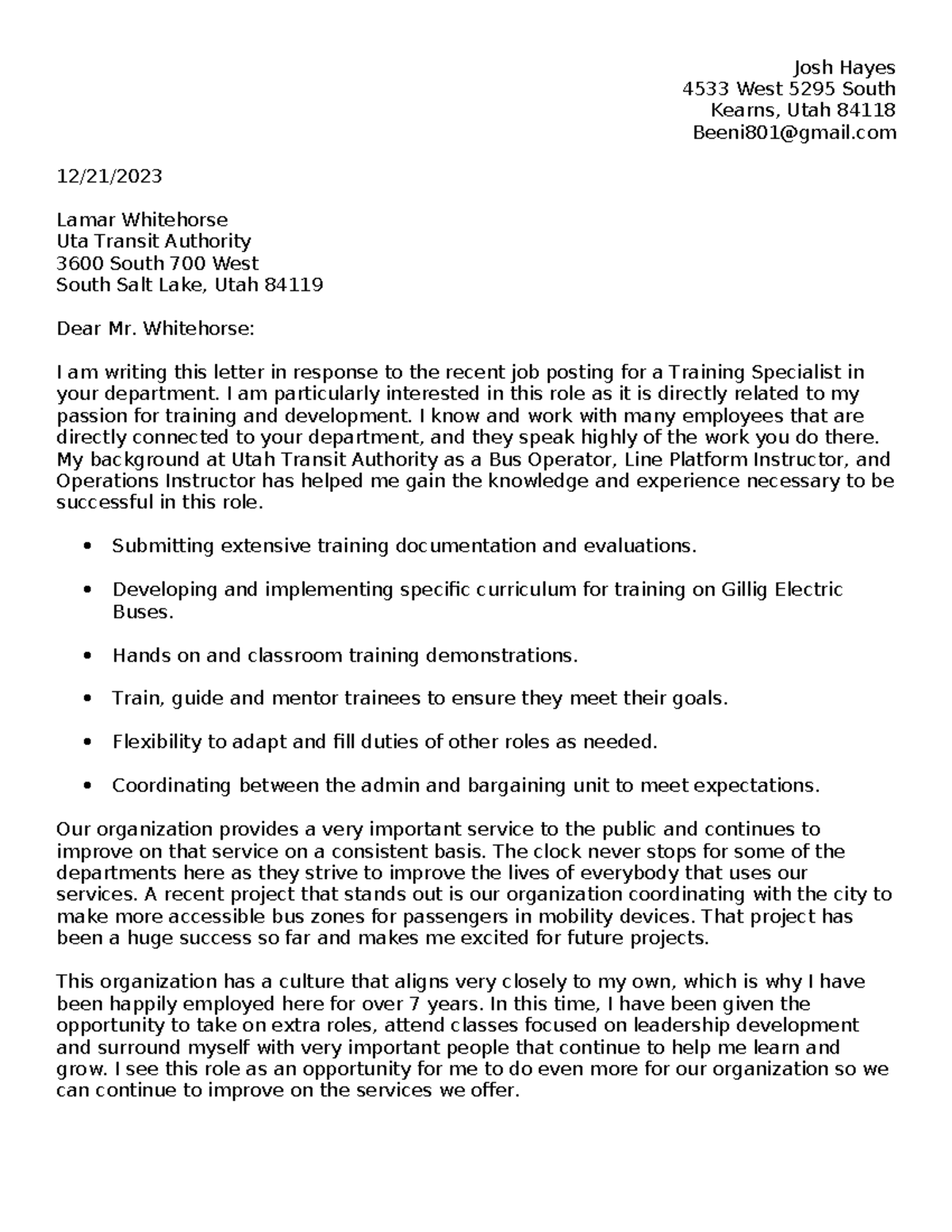 Cover Letter - Josh Hayes 4533 West 5295 South Kearns, Utah 84118 ...