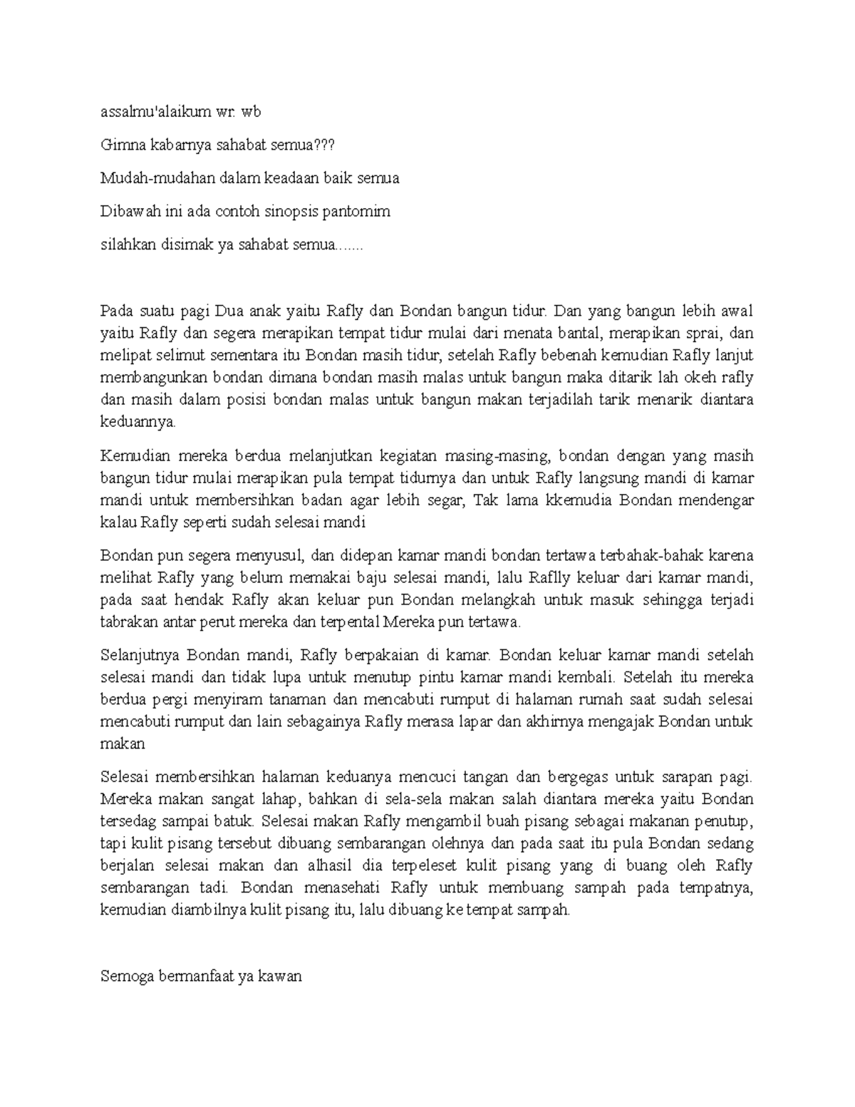 Sinopsis Pantomim - assalmu'alaikum wr. wb Gimna kabarnya sahabat semua ...