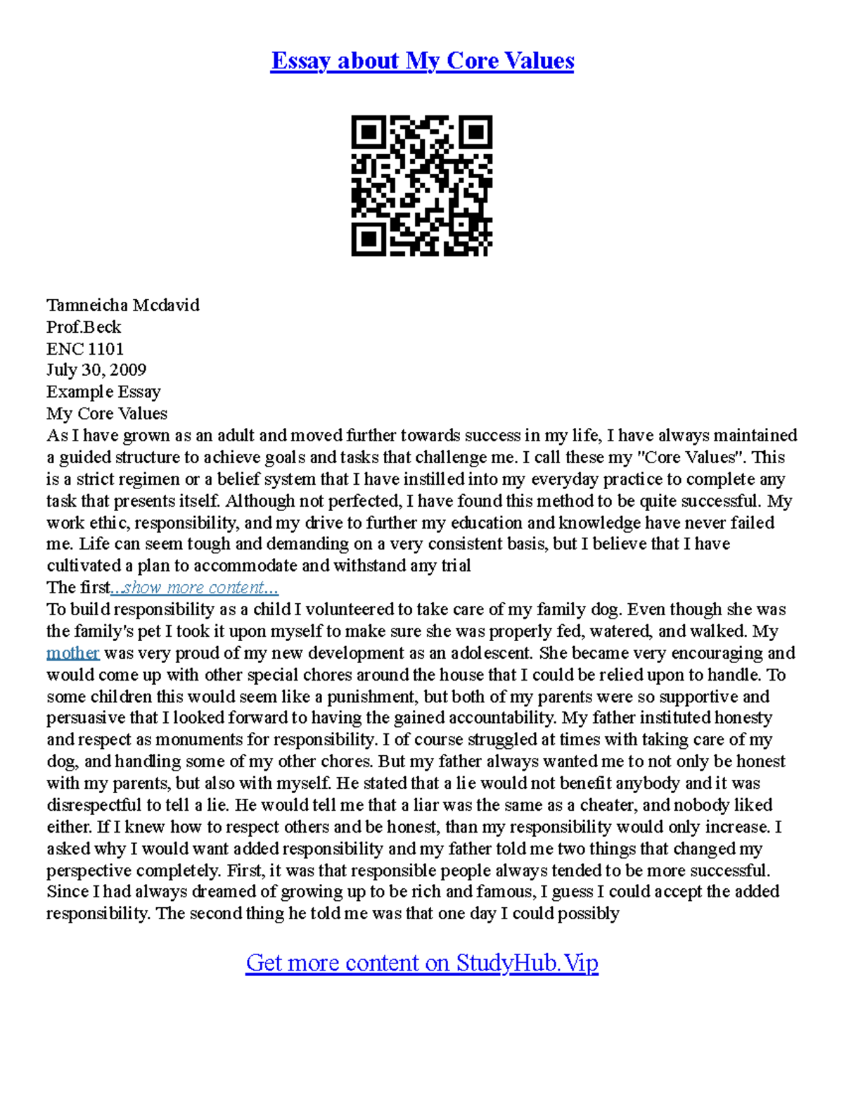 5 Paragraph Essays Examples - Essay about My Core Values Tamneicha ...