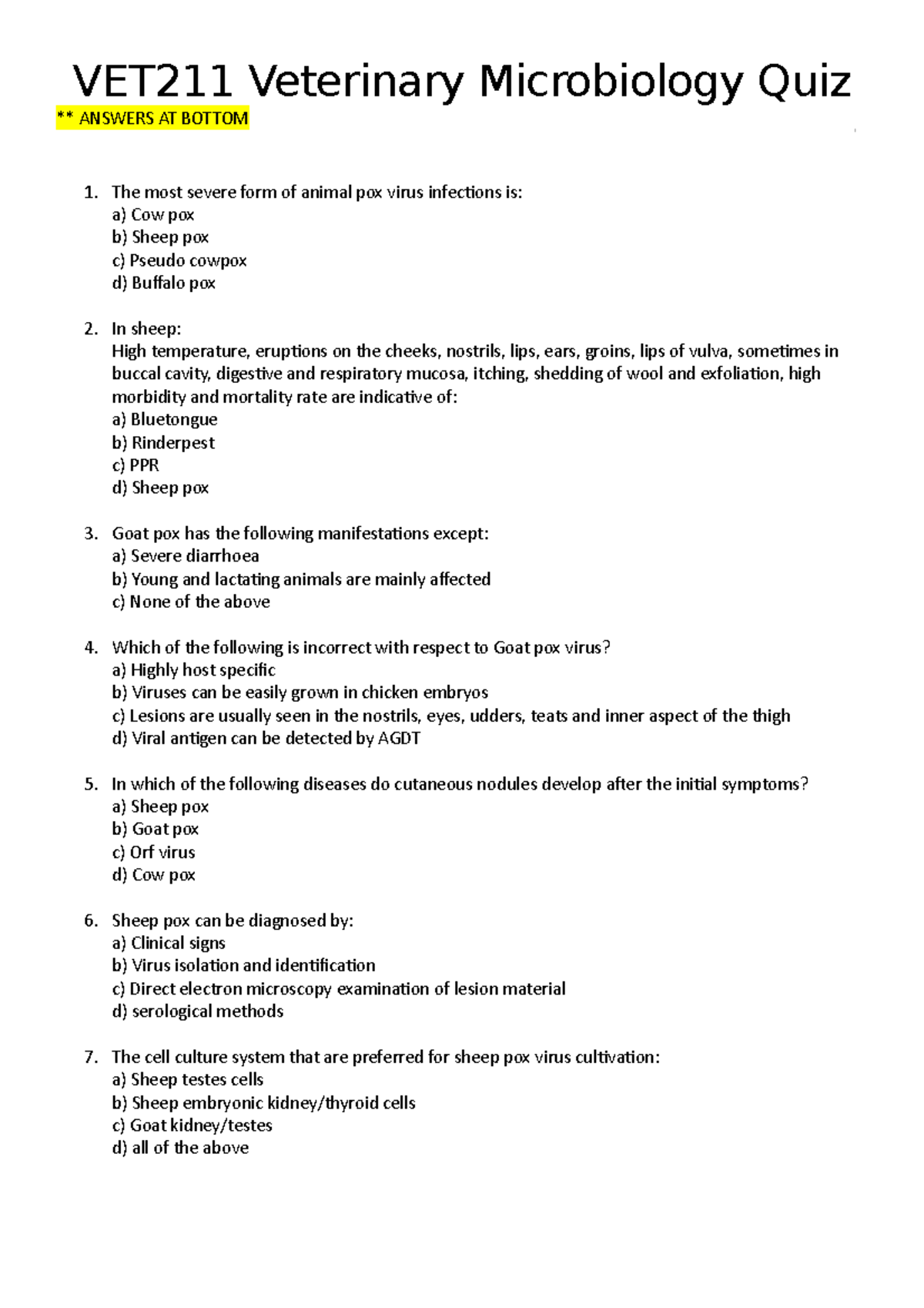 VET211 Practise MCQ exam w answers - VET211 Veterinary Microbiology Quiz ** ANSWERS AT BOTTOM ...