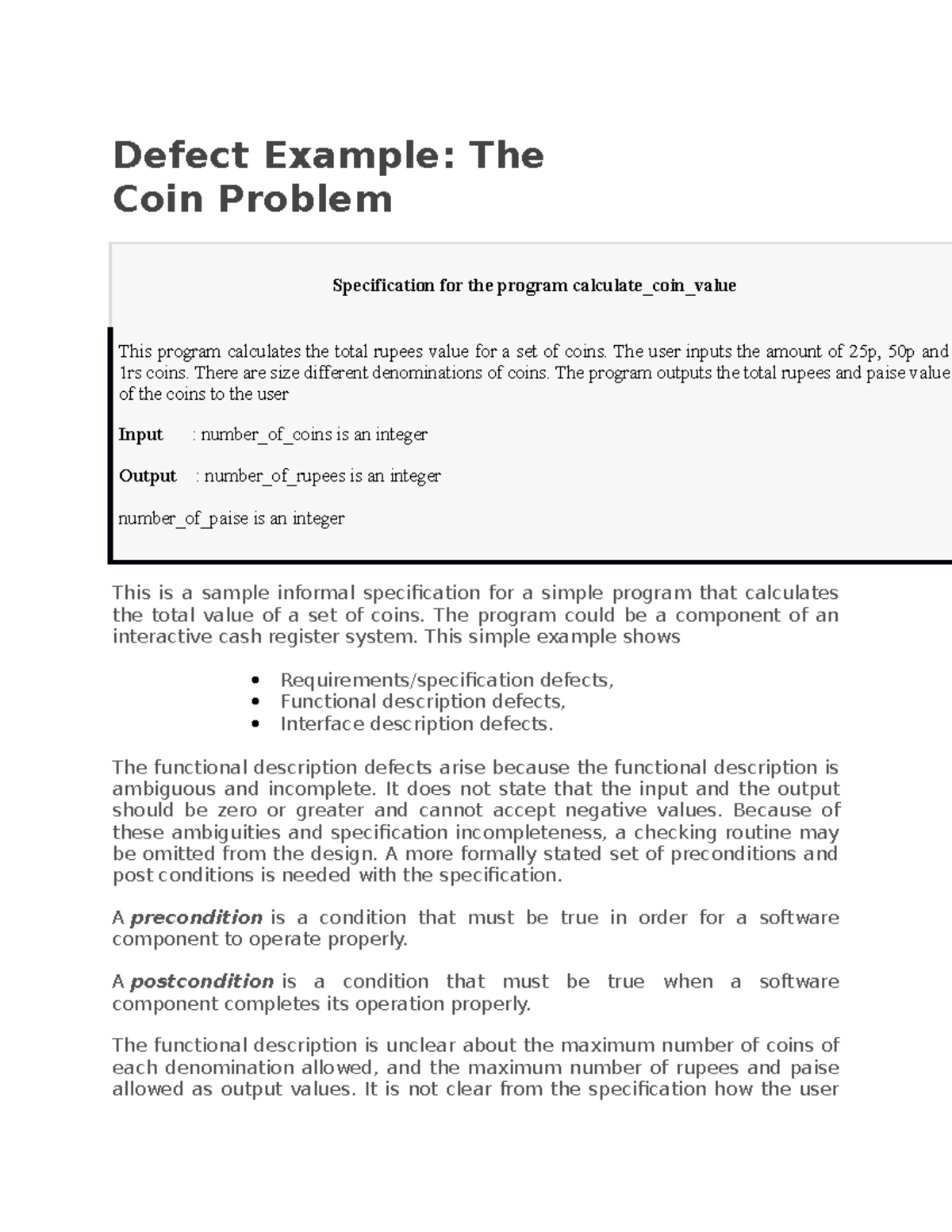 Defect Example-Coin Problem - Defect Example: The Coin Problem ...