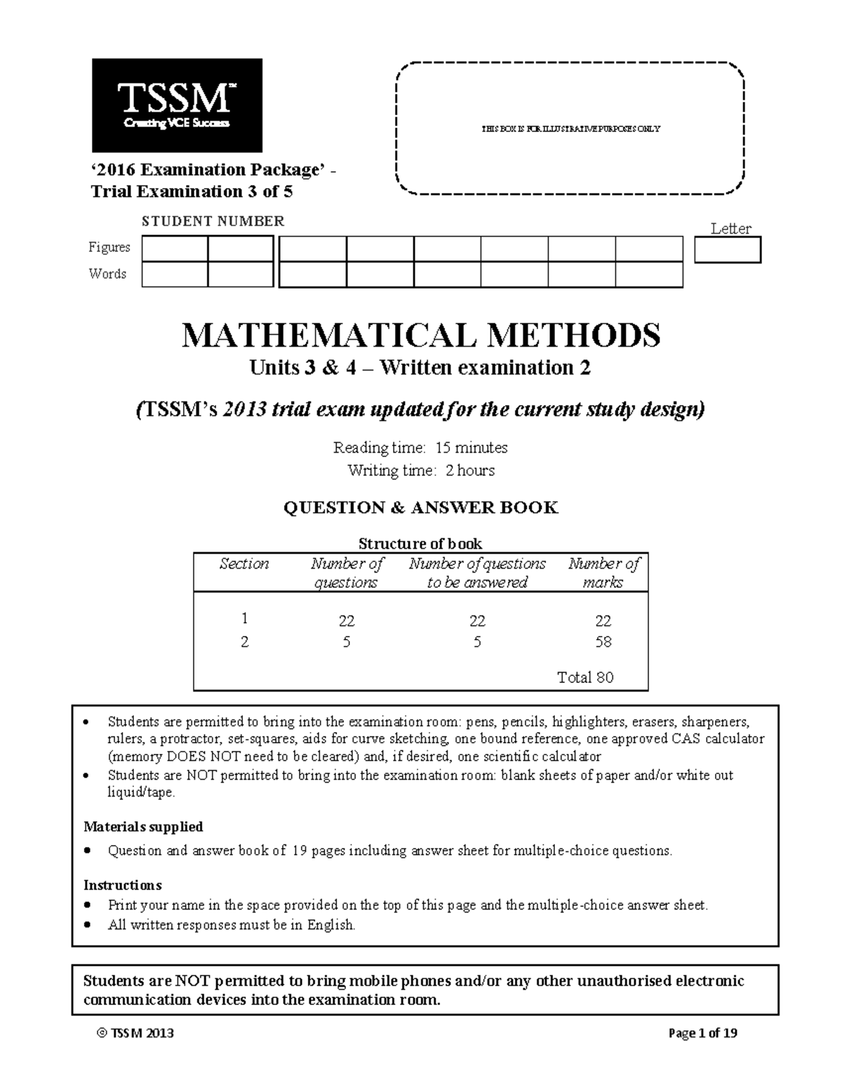 [VCE Methods] 2013-16 TSSM Unit 34 Exam 2 - ‘201 6 Examination Package ...
