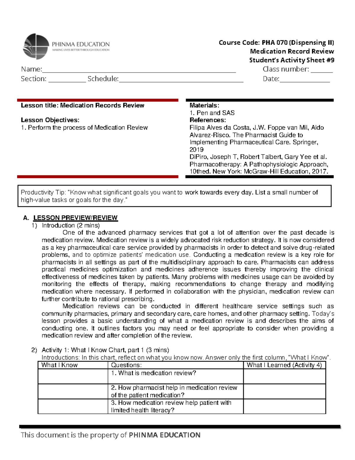 PHA0 70 SAS #9 Medication Record Review - Medication Record Review ...