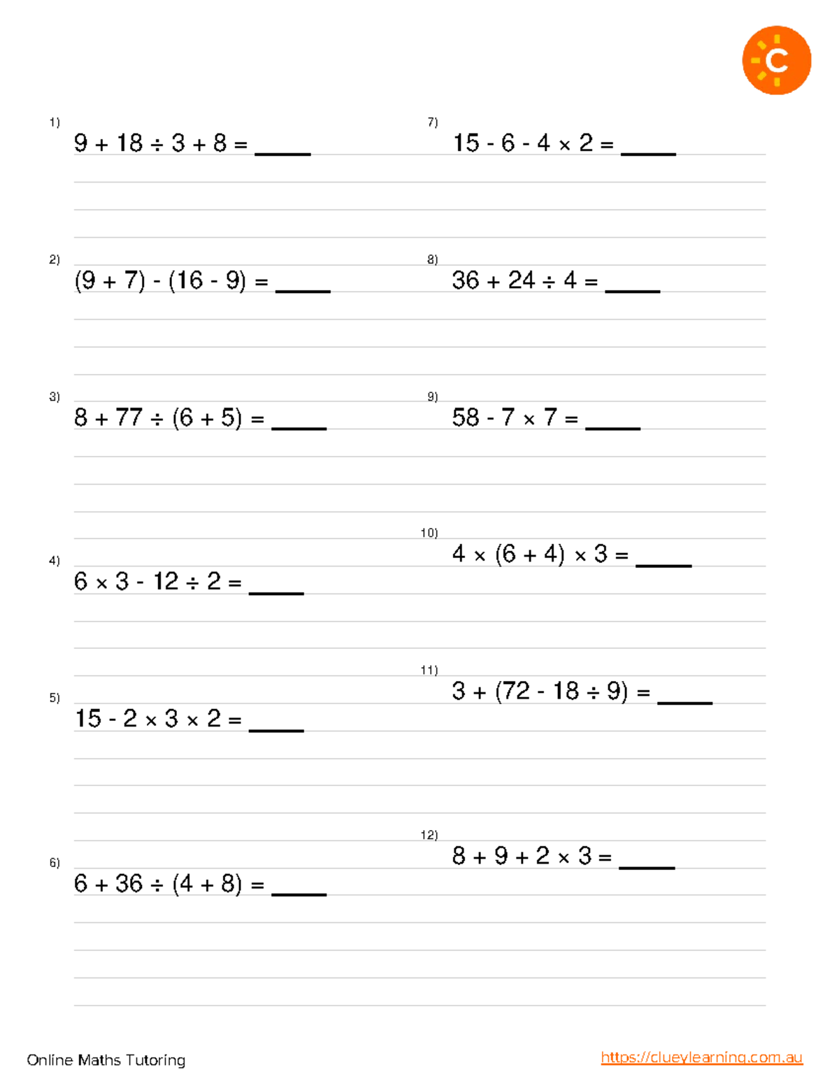 Year 7 Order of Operations Maths Worksheet 1 clueylearning - 9 + 18 ÷ 3 ...