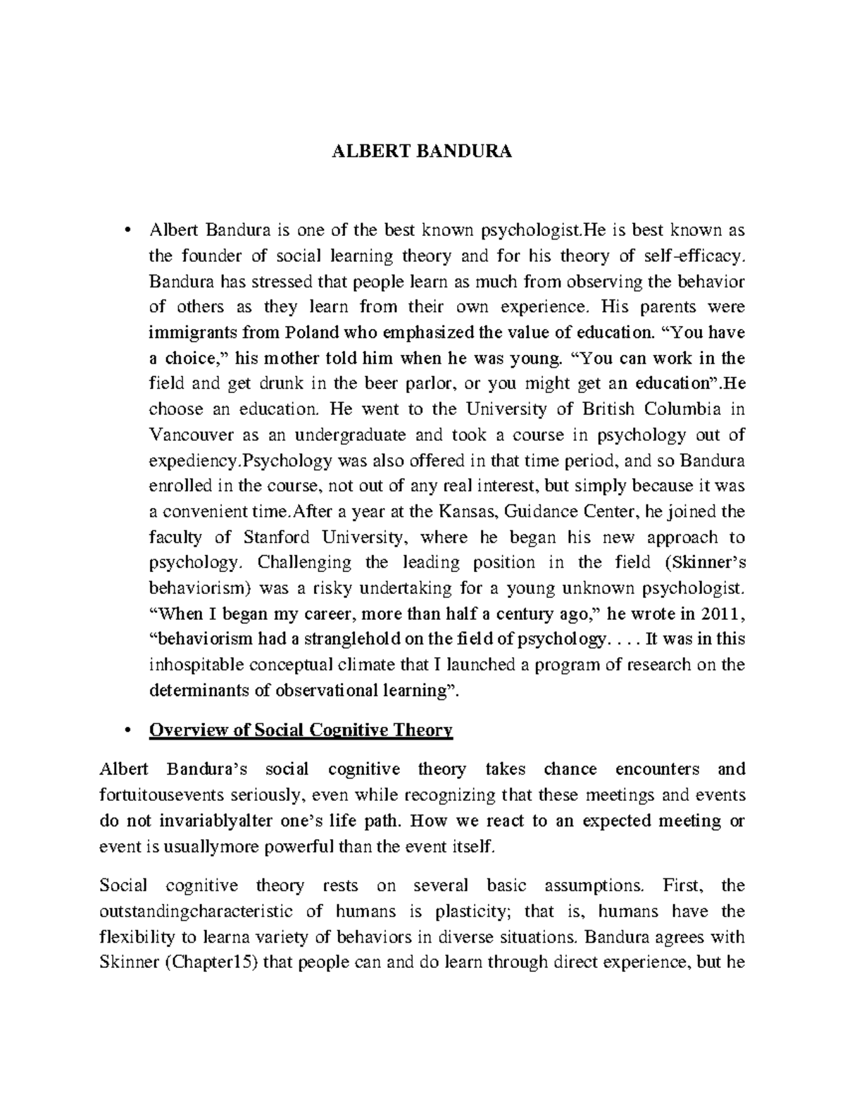 Bandura - lecture notes - ALBERT BANDURA Albert Bandura is one of the ...