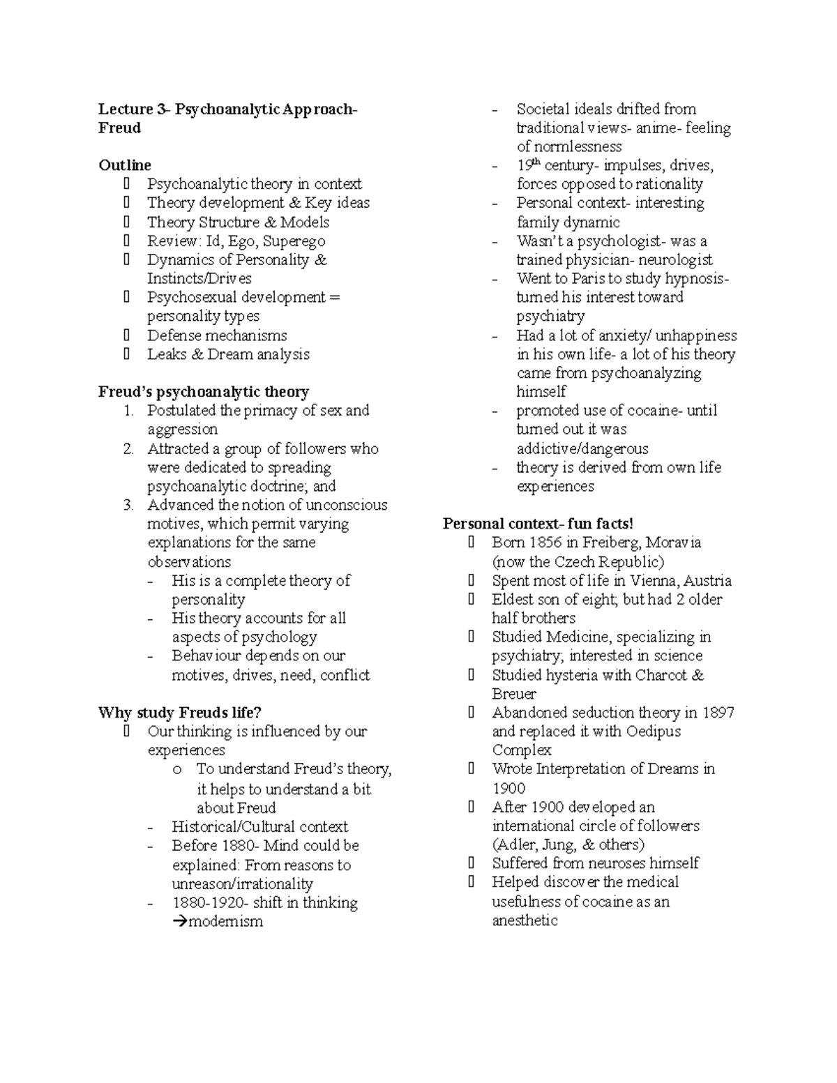 Lecture 3- Psychoanalytic approach- Freud - Lecture 3- Psychoanalytic ...