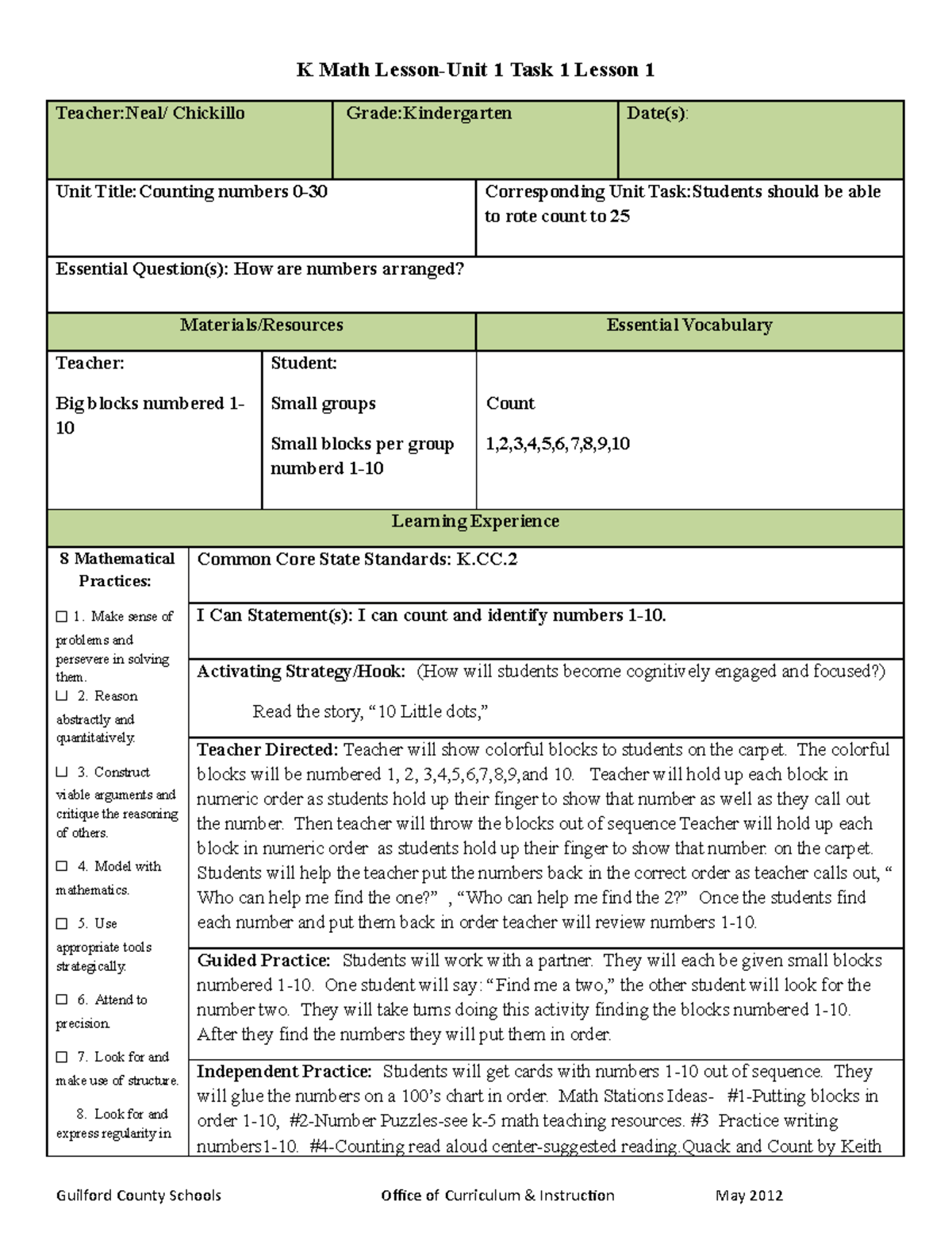 Unit 1 Task 1 Lesson 2 - K Math Lesson-Unit 1 Task 1 Lesson 1 Teacher ...