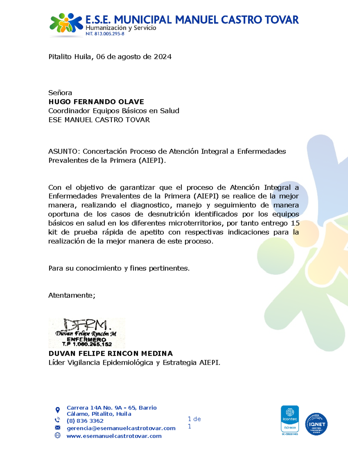 Concertacion Aiepi - Pitalito Huila, 06 de agosto de 2024 Señora HUGO ...