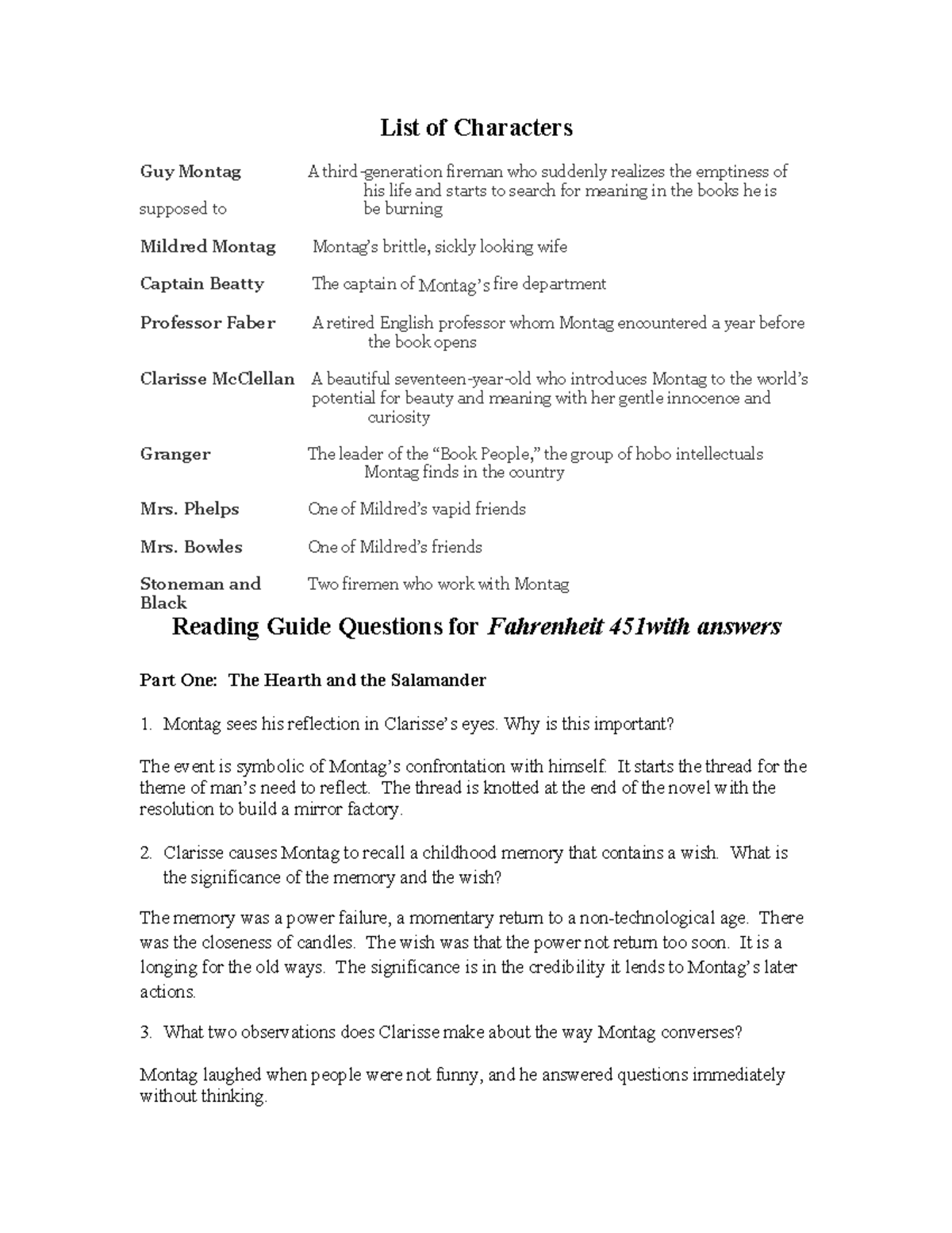 Fahrenheit 451 answer key - List of Characters Guy Montag A third ...