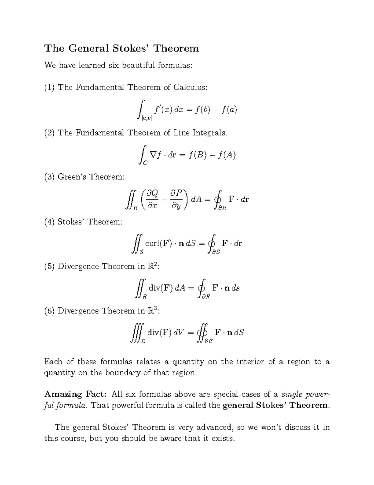 Lecture 36 - ENGINEERING MATHEMATICS IV - The General Stokes’ Theorem We have learned six ...