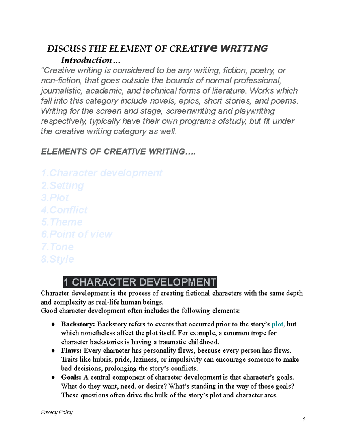 Creative writing q.no 1 - DISCUSS THE ELEMENT OF CREATIve WRITING ...