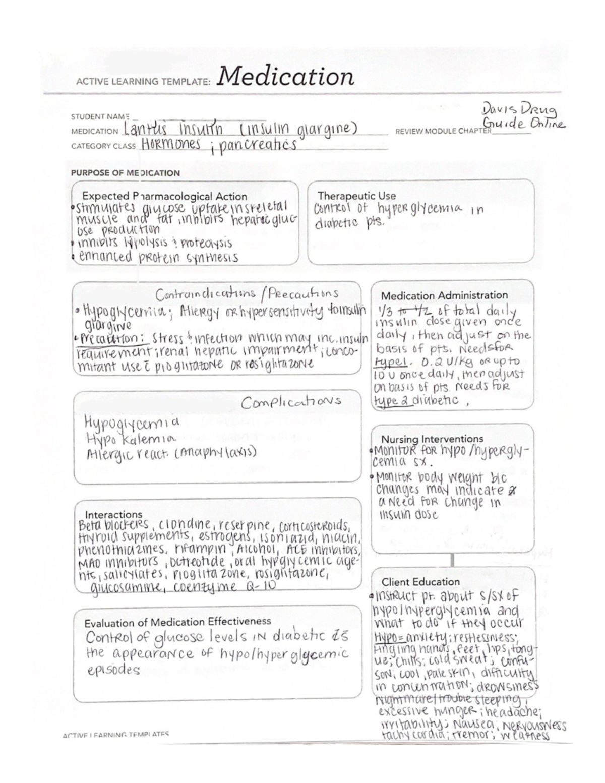Drug Cards Lantus Insulin and Gabapentin - NURS 2040 - Studocu