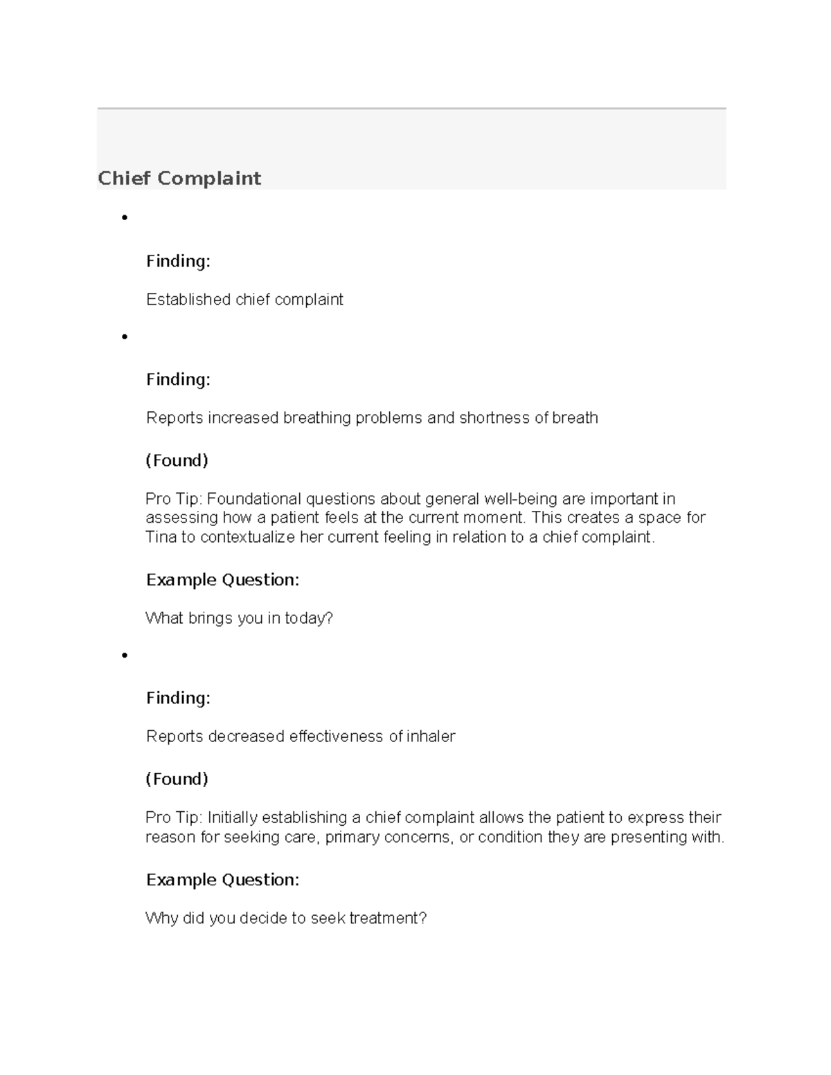 Respiratory subjective data tips shadowhealth - Chief Complaint Finding ...