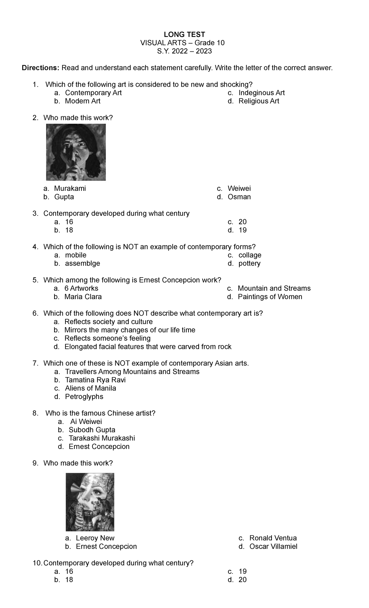 Visual ARTS - Long Test 10 - LONG TEST VISUAL ARTS – Grade 10 S. 2022 ...