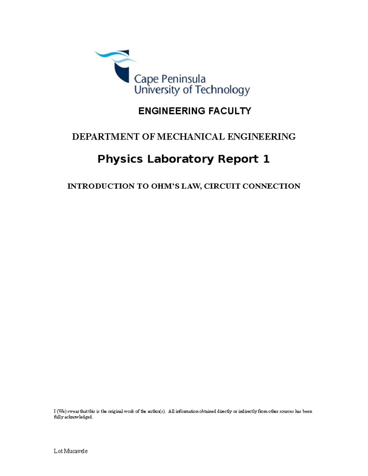 OHMS LAW Pracs - Ohms law - ENGINEERING FACULTY DEPARTMENT OF ...