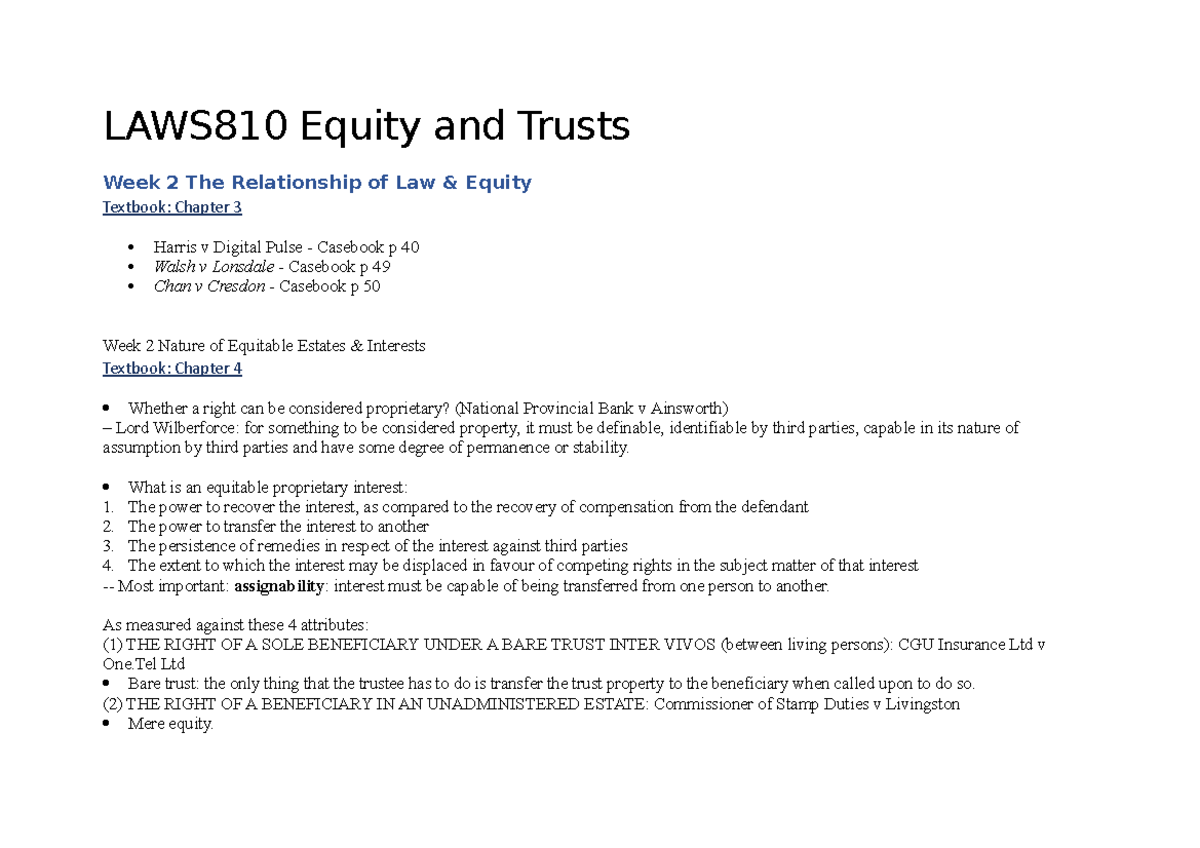 LAWS810 Equity and Trusts wk2 - What is an equitable proprietary ...
