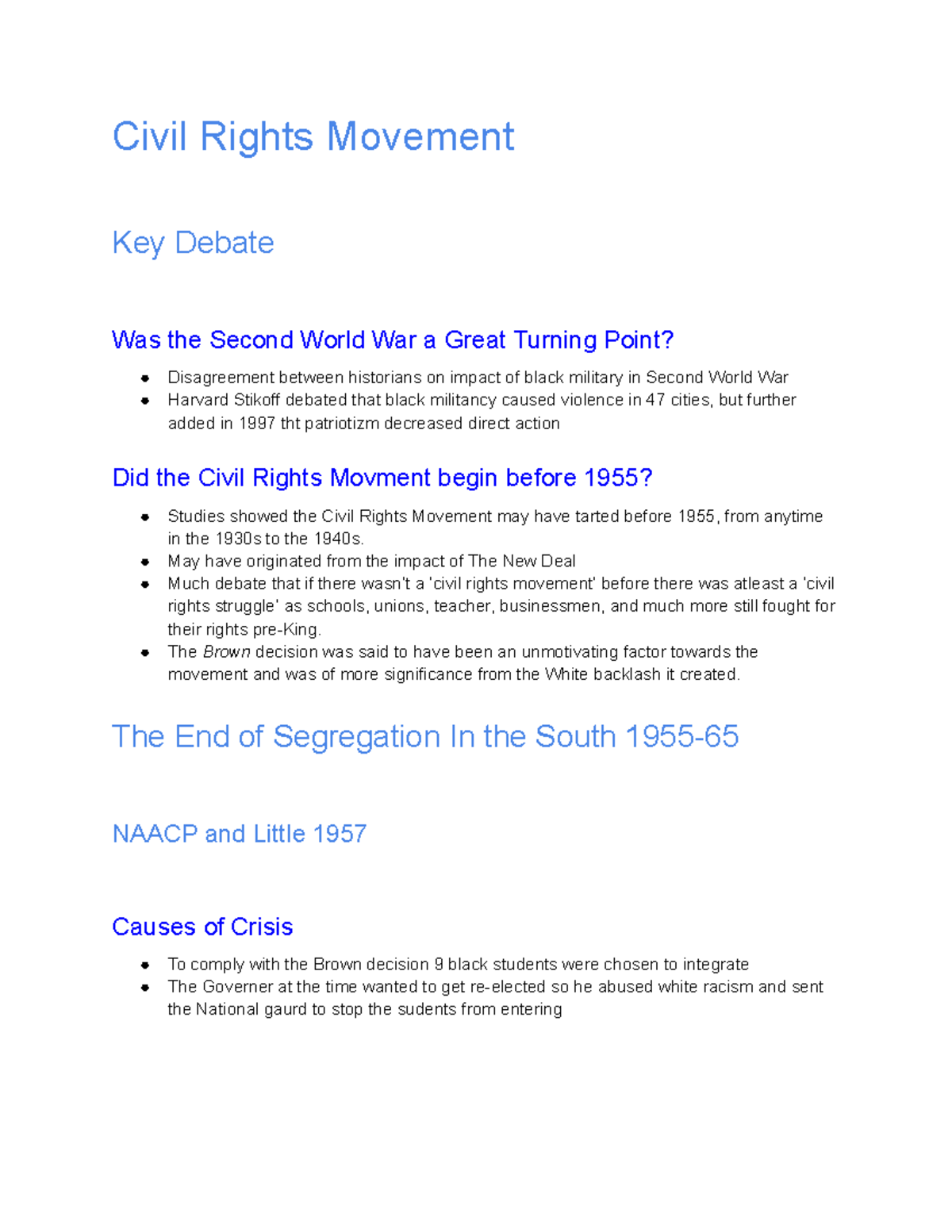 Civil Rights Reading Notes 2 - Civil Rights Movement Key Debate Was the ...