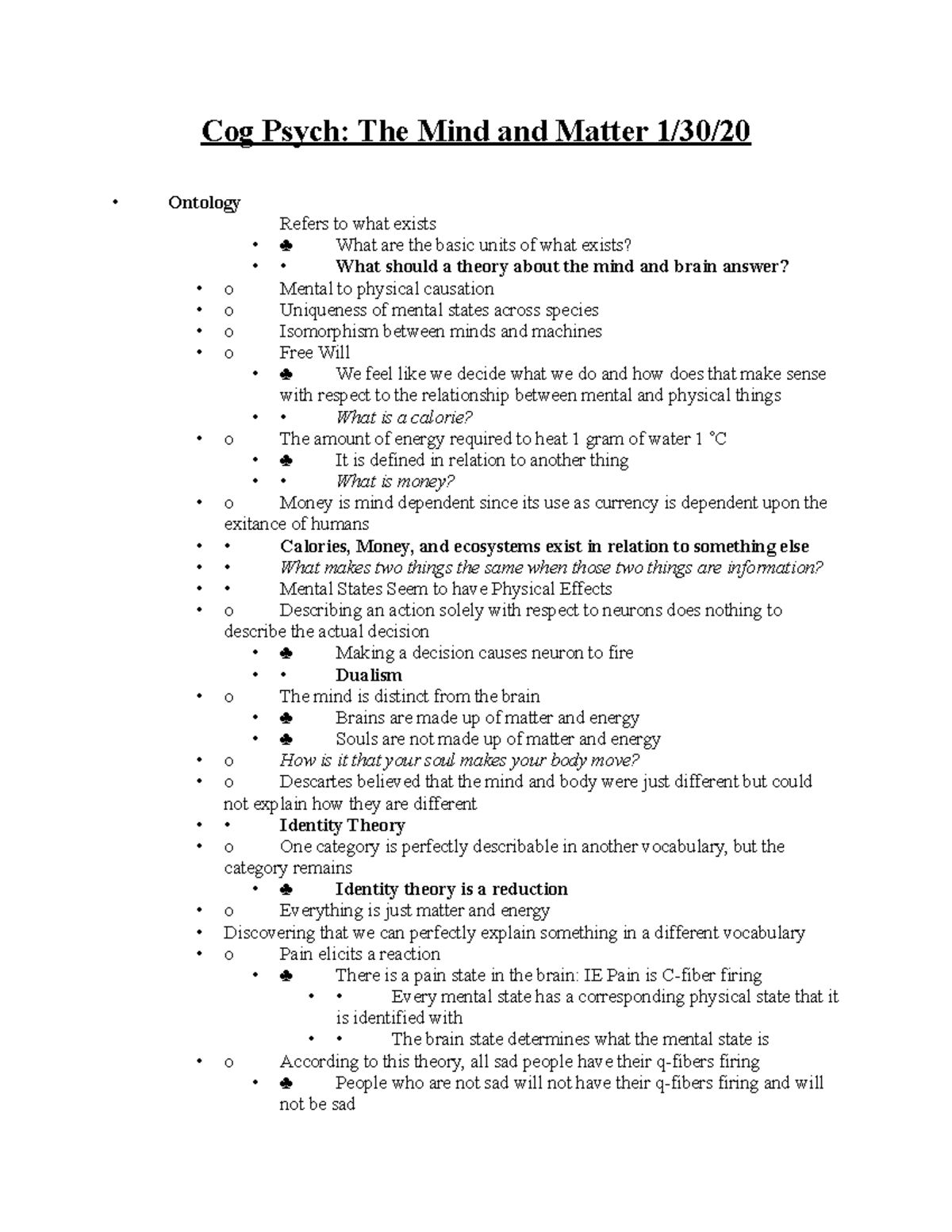0130 Mind and Body - Lecture notes 2-4 - Cog Psych: The Mind and Matter ...
